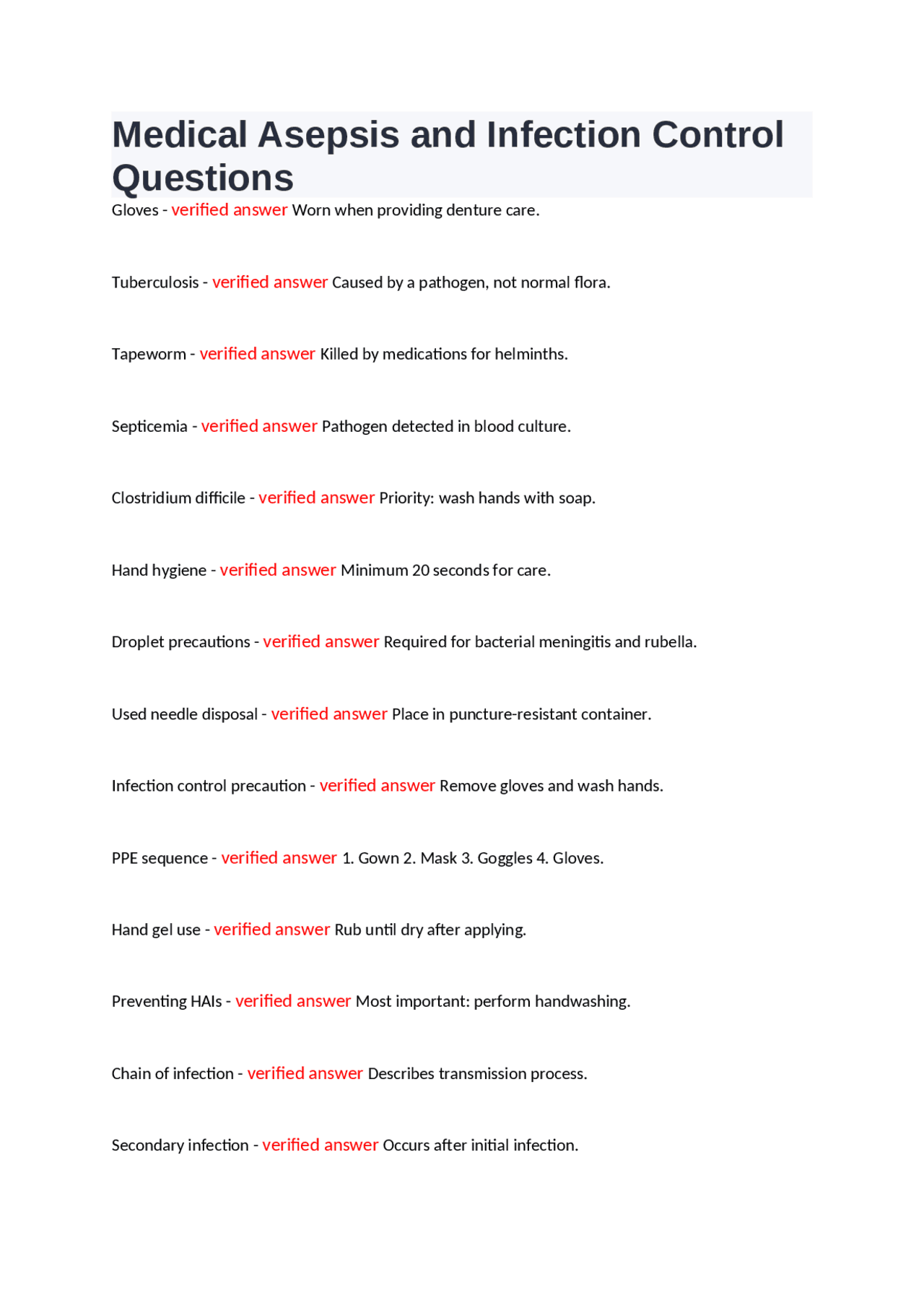 Medical Asepsis and Infection Control Questions | Exams Nursing | Docsity