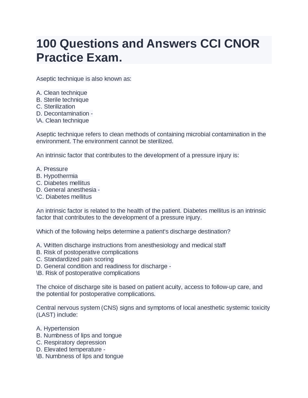 100 Questions and Answers CCI CNOR Practice Exam. | Exams Nursing | Docsity