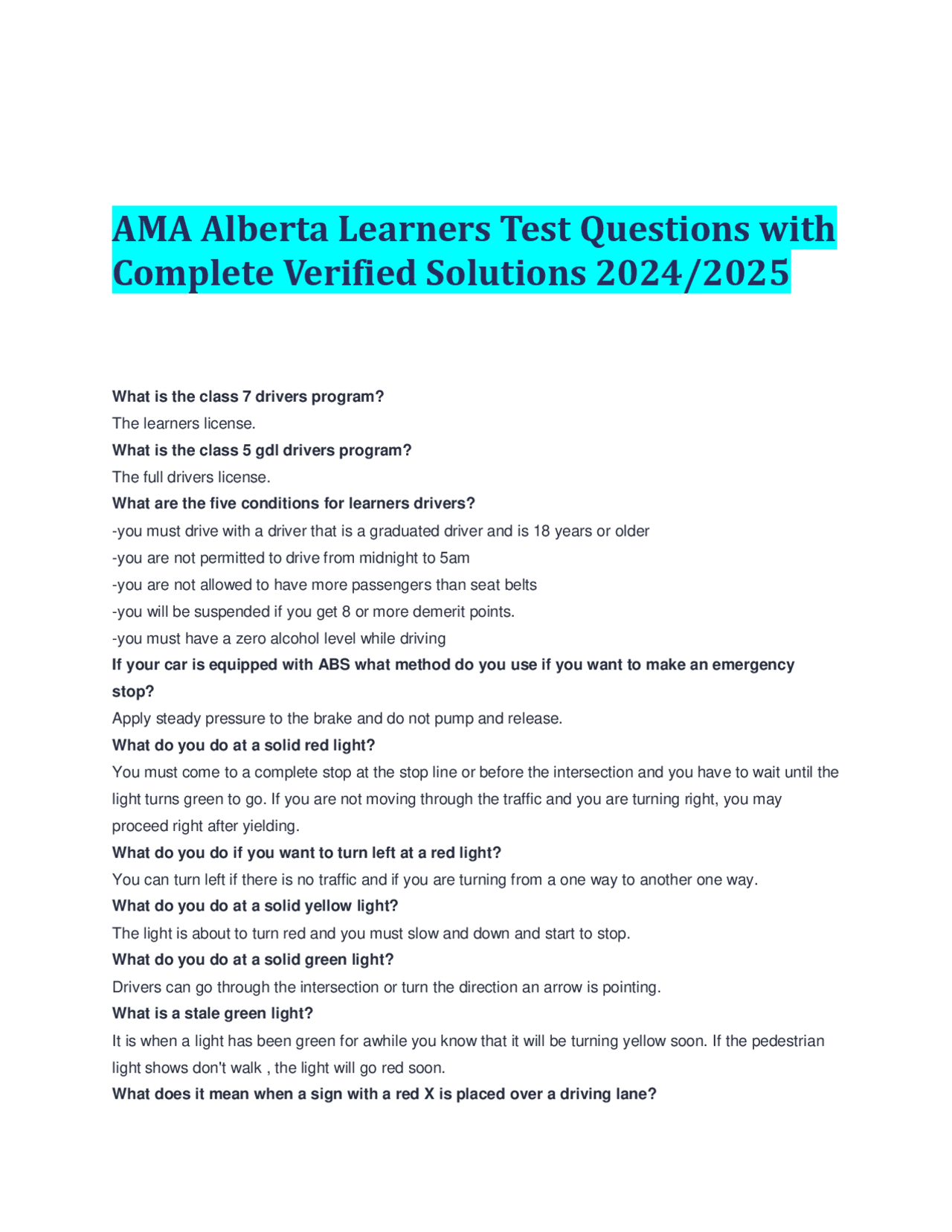AMA Alberta Learners Test Questions with Complete Verified Solutions ...