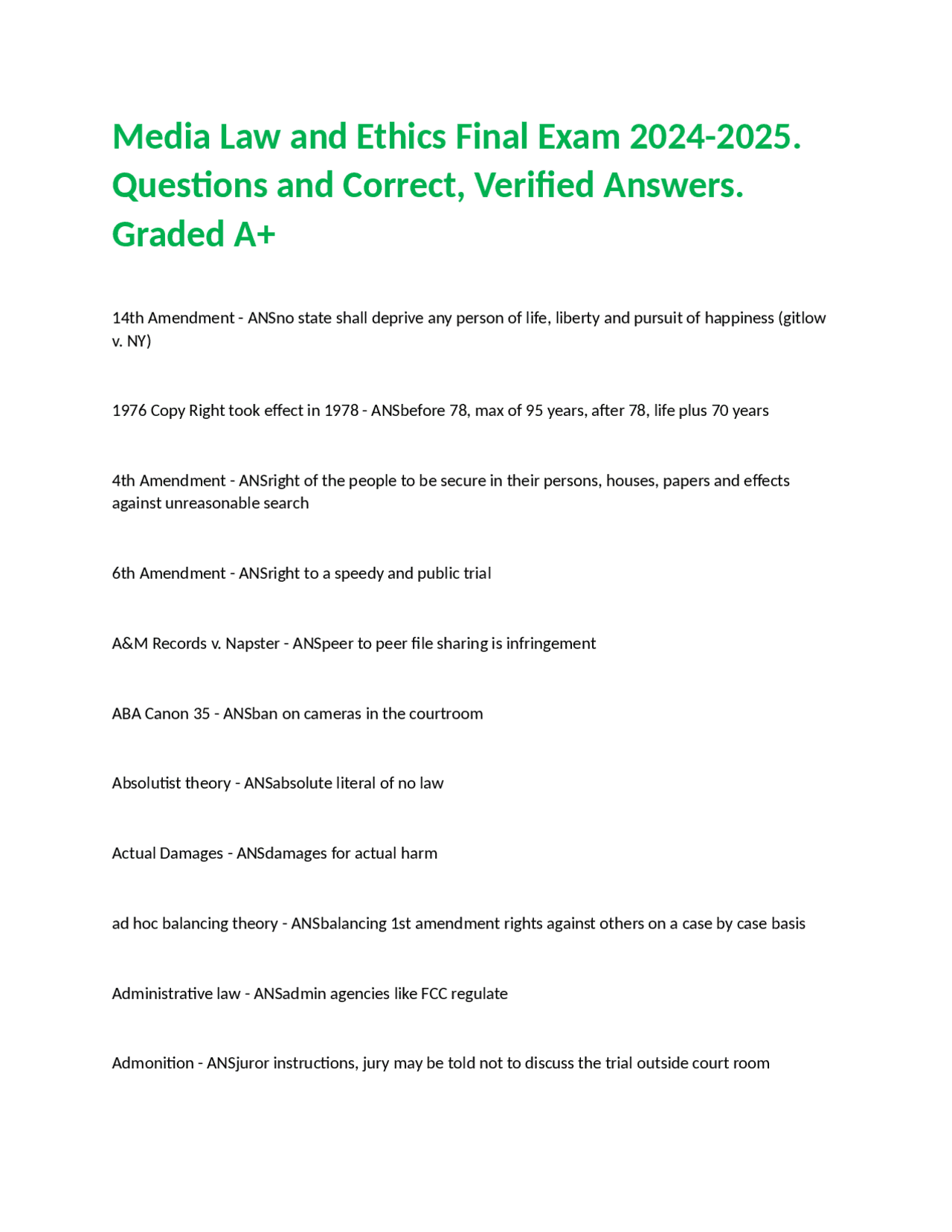 Media Law and Ethics Final Exam 2024-2025. Questions & Correct ...