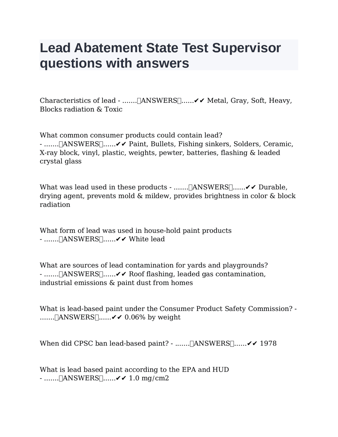 Lead Abatement State Test Supervisor Questions with Answers | Exams ...
