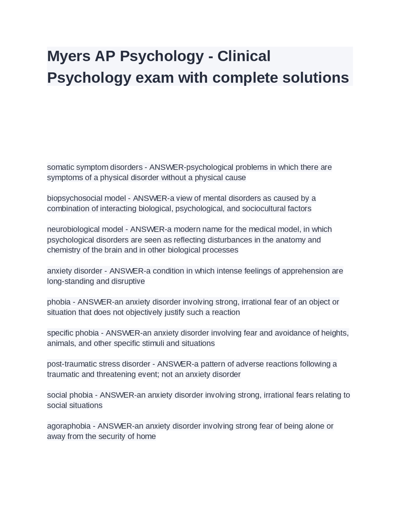 Myers AP Psychology - Clinical Psychology exam with complete solutions ...