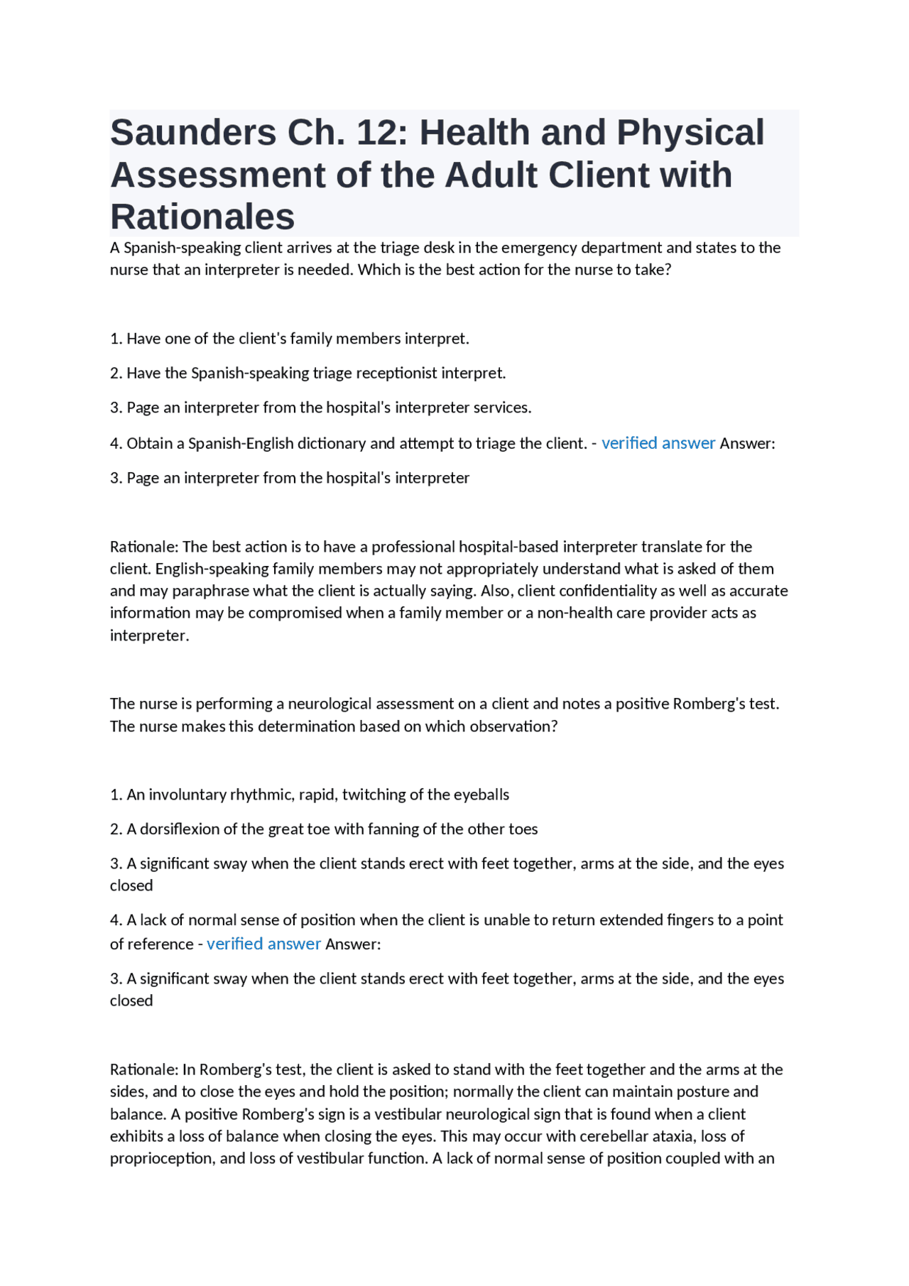 Saunders Ch. 12: Health and Physical Assessment of the Adult Client with Rationales | Exams ...