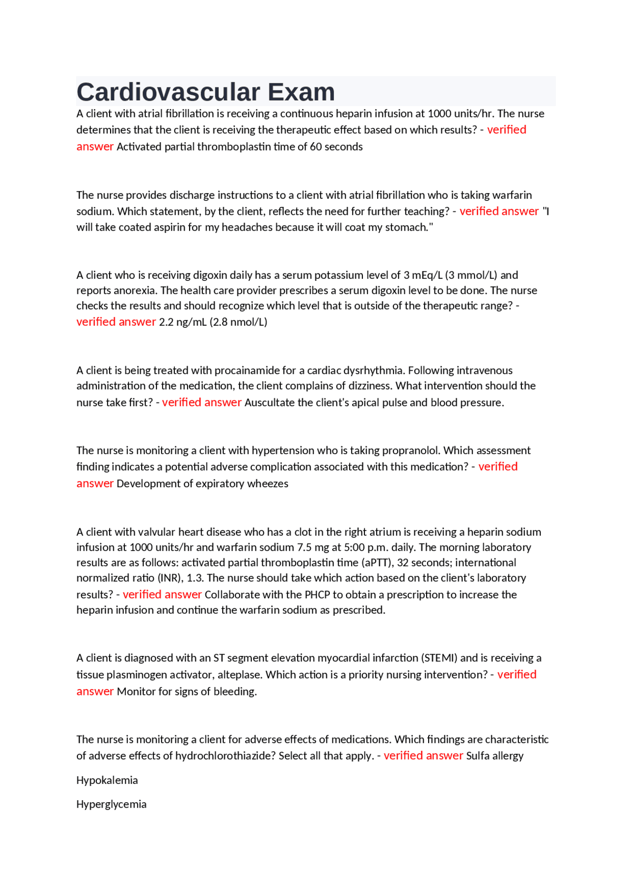 Cardiovascular Exam questions | Exams Nursing | Docsity