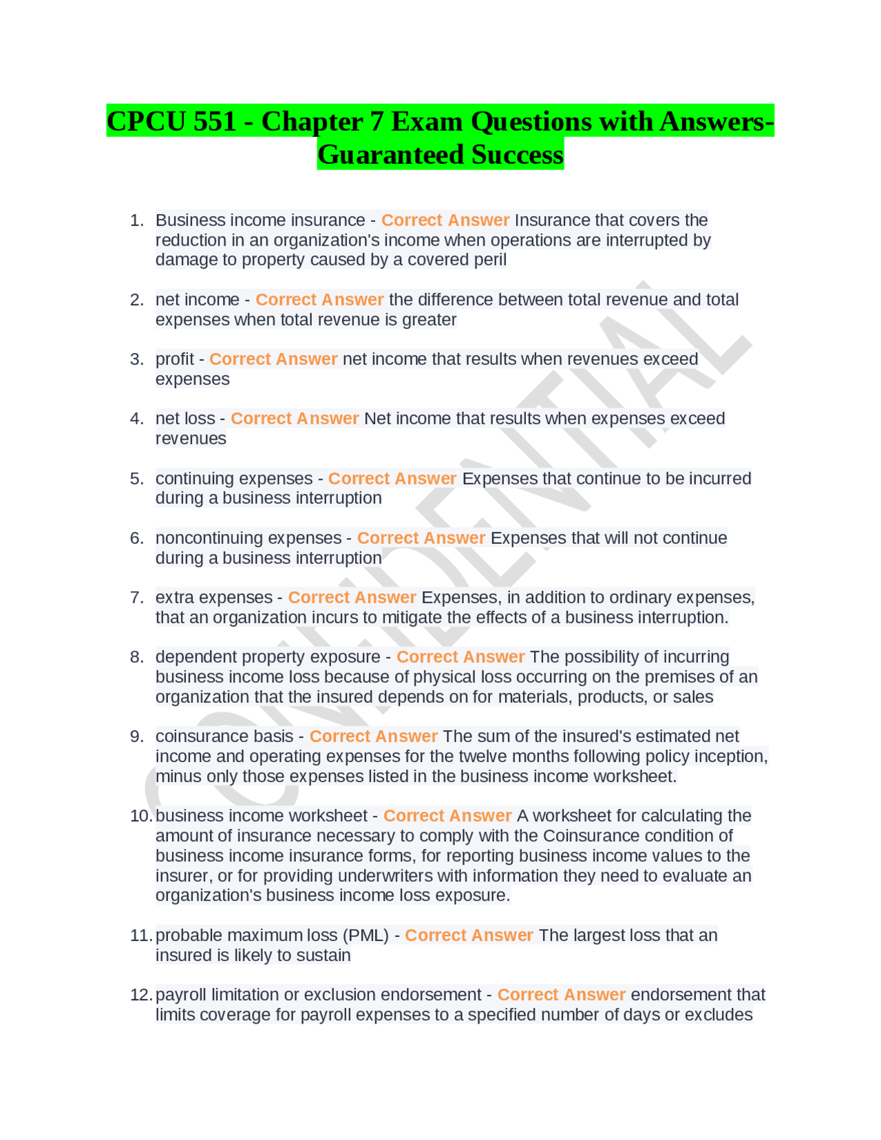 Business Income and Extra Expense Coverage | Exams Nursing | Docsity