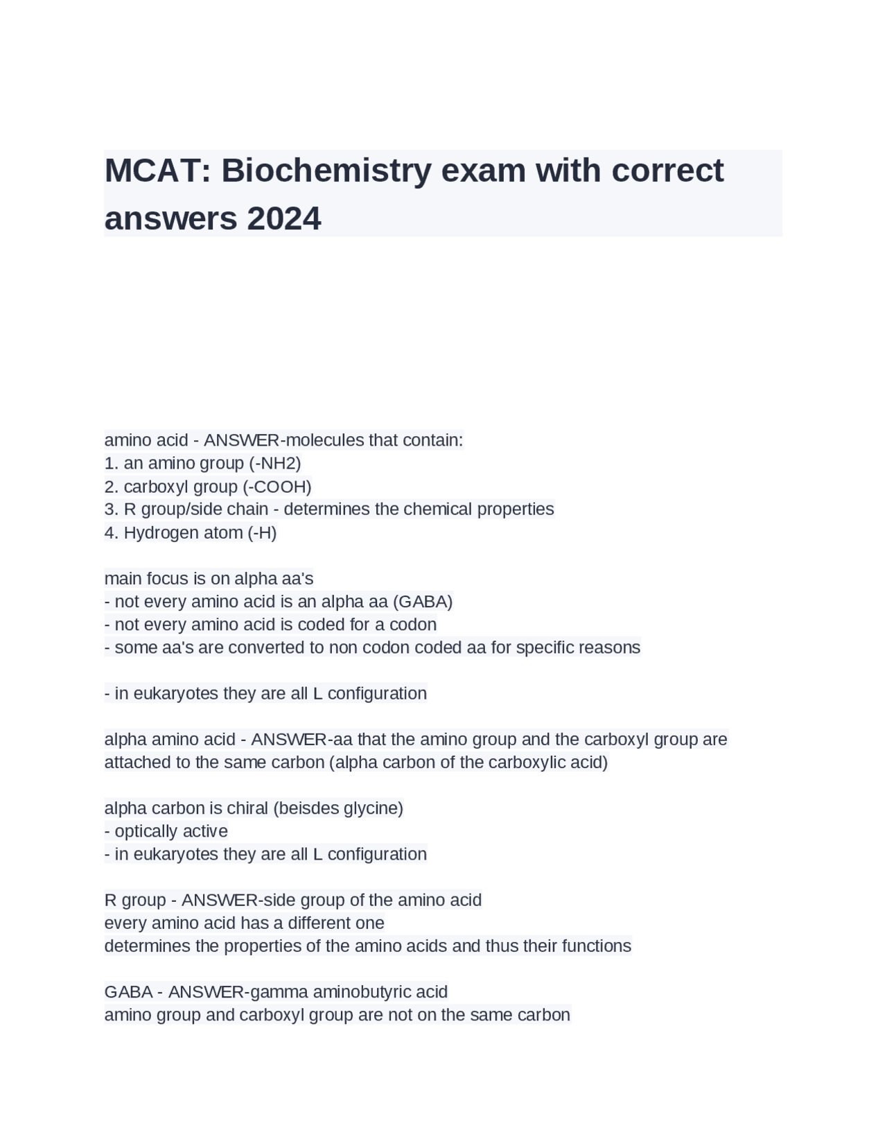 MCAT_ Biochemistry exam with correct answers 2024. | Exams Biochemistry ...