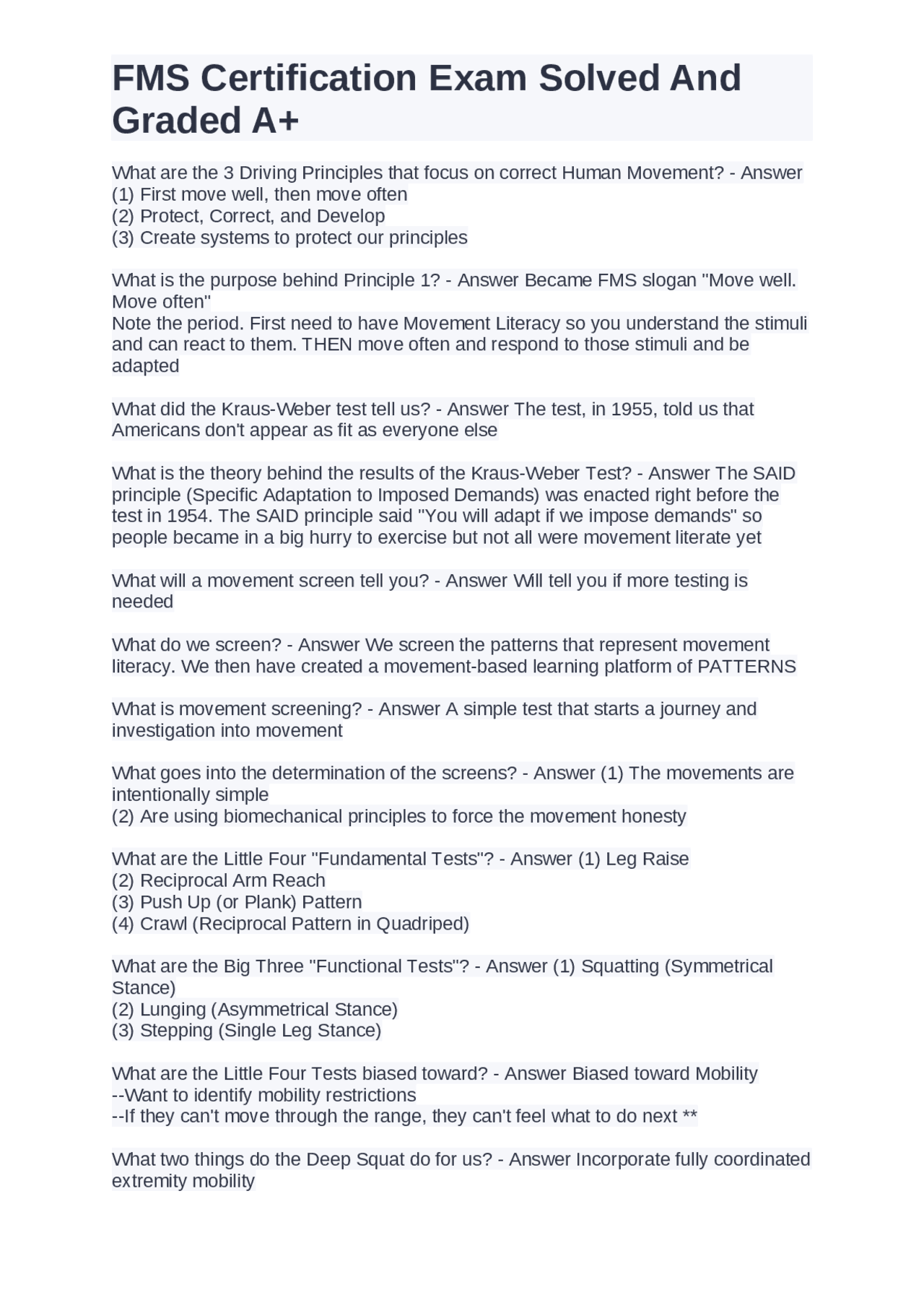 FMS Certification Exam Solved And Graded A+. | Exams Nursing | Docsity