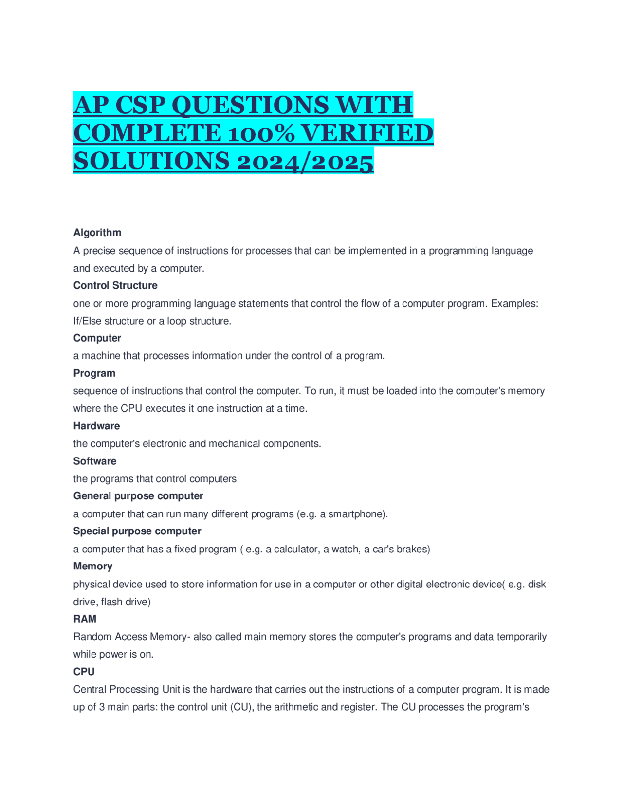 AP CSP QUESTIONS WITH COMPLETE 100% VERIFIED SOLUTIONS 2024/2025 ...