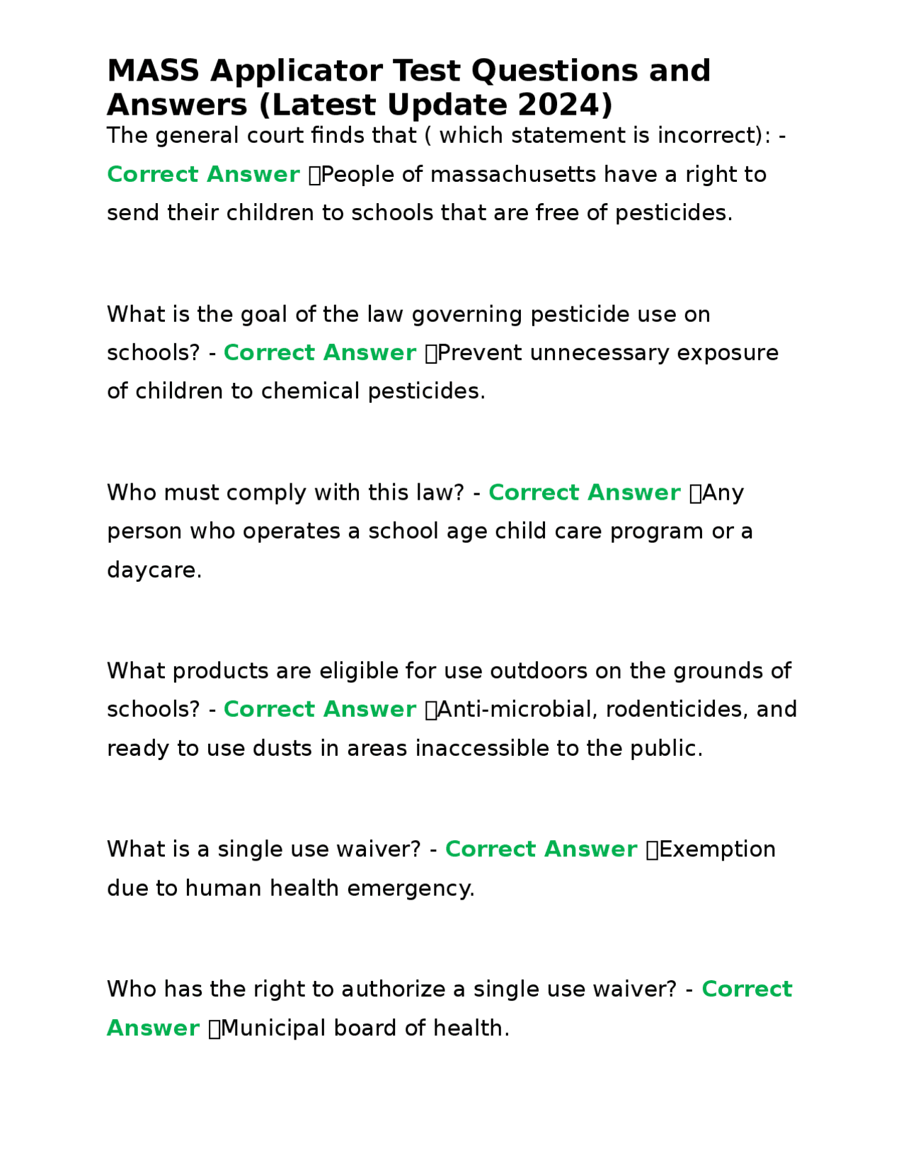 MASS Applicator Test Questions and Answers (Latest Update 2024) | Exams ...