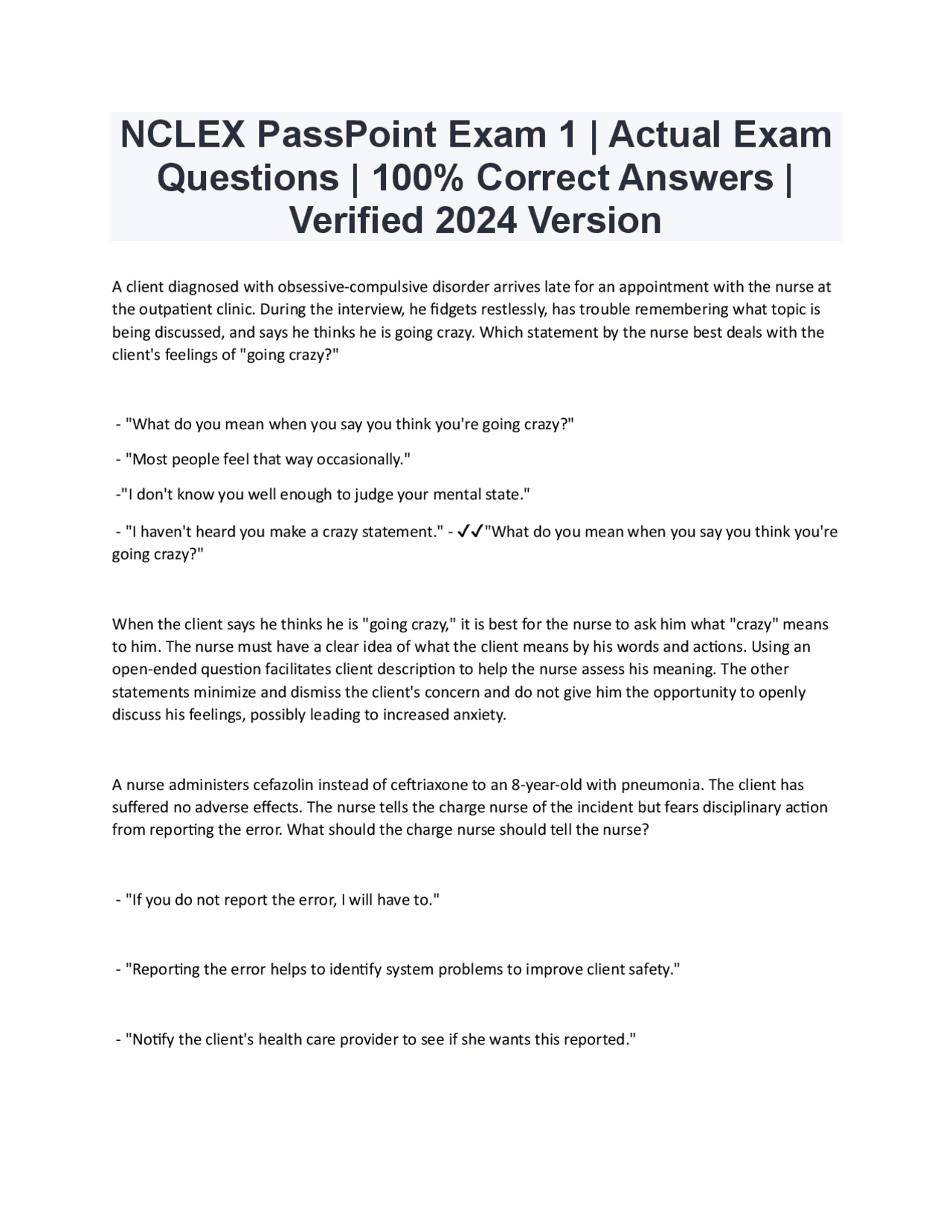 NCLEX PassPoint Exam 1 | Actual Exam Questions | 100% Correct Answers | Verified 2024 | Exams ...