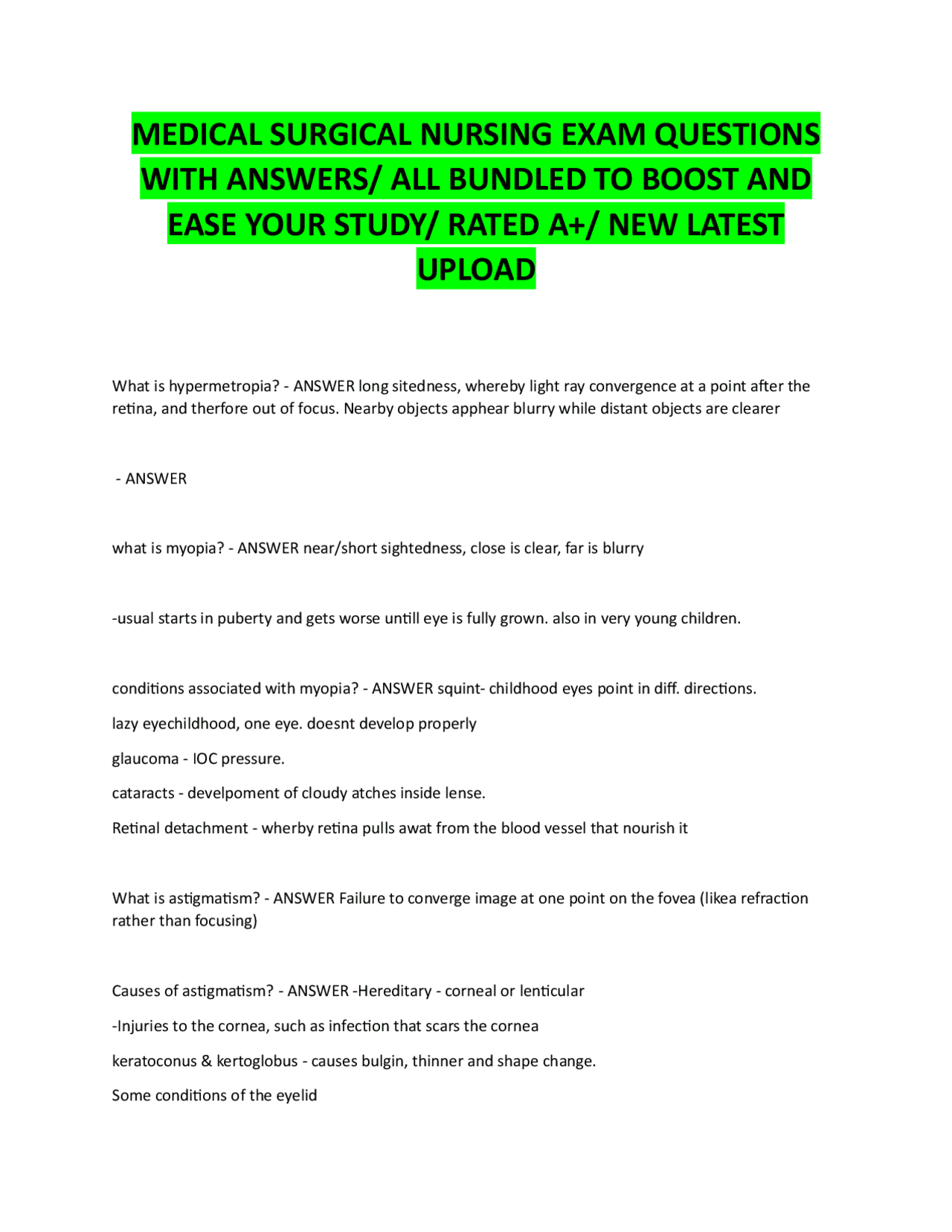MEDICAL SURGICAL NURSING EXAM QUESTIONS WITH ANSWERS/ ALL BUNDLED TO ...