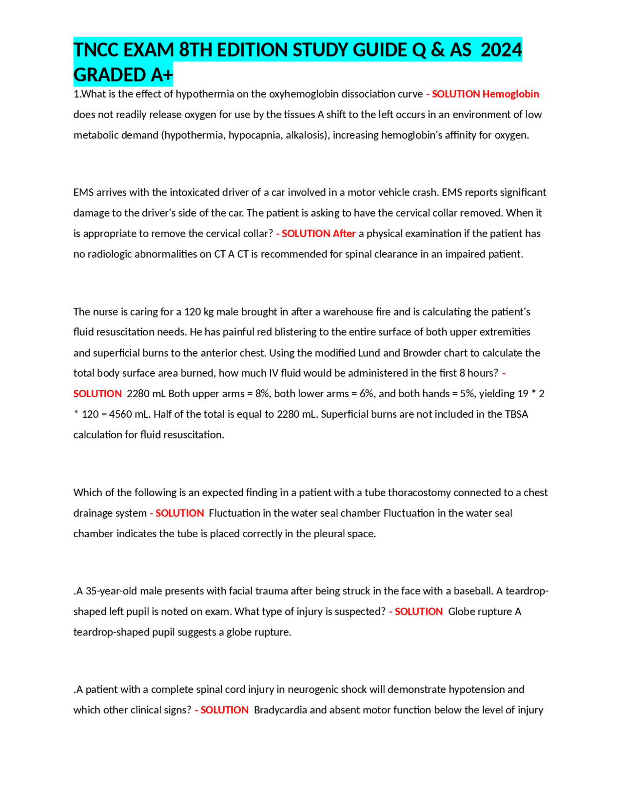 TNCC EXAM 8TH EDITION STUDY GUIDE Q & AS 2024 GRADED A+ | Exams Physics ...