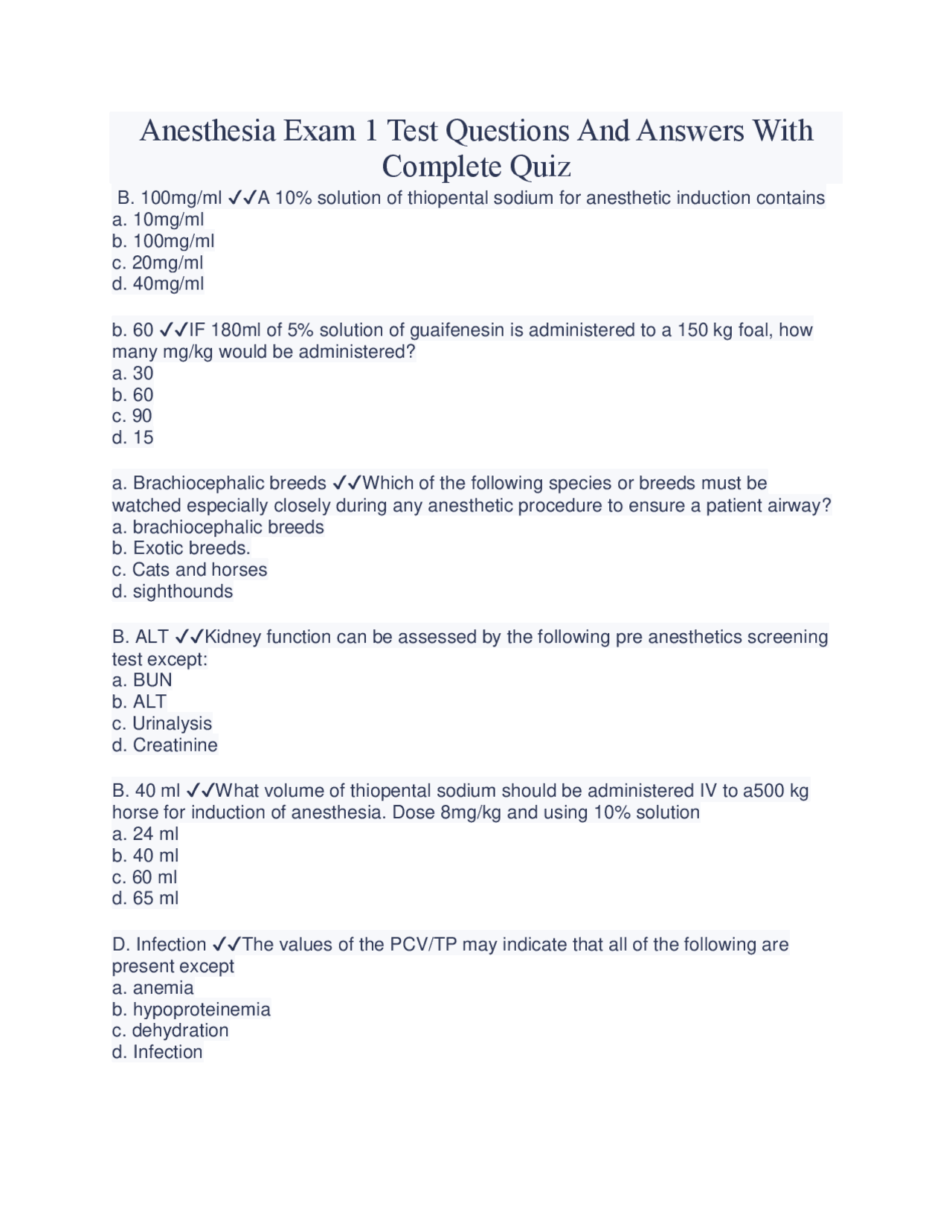 Anesthesia Exam 1 Test Questions And Answers With Complete Quiz | Exams ...