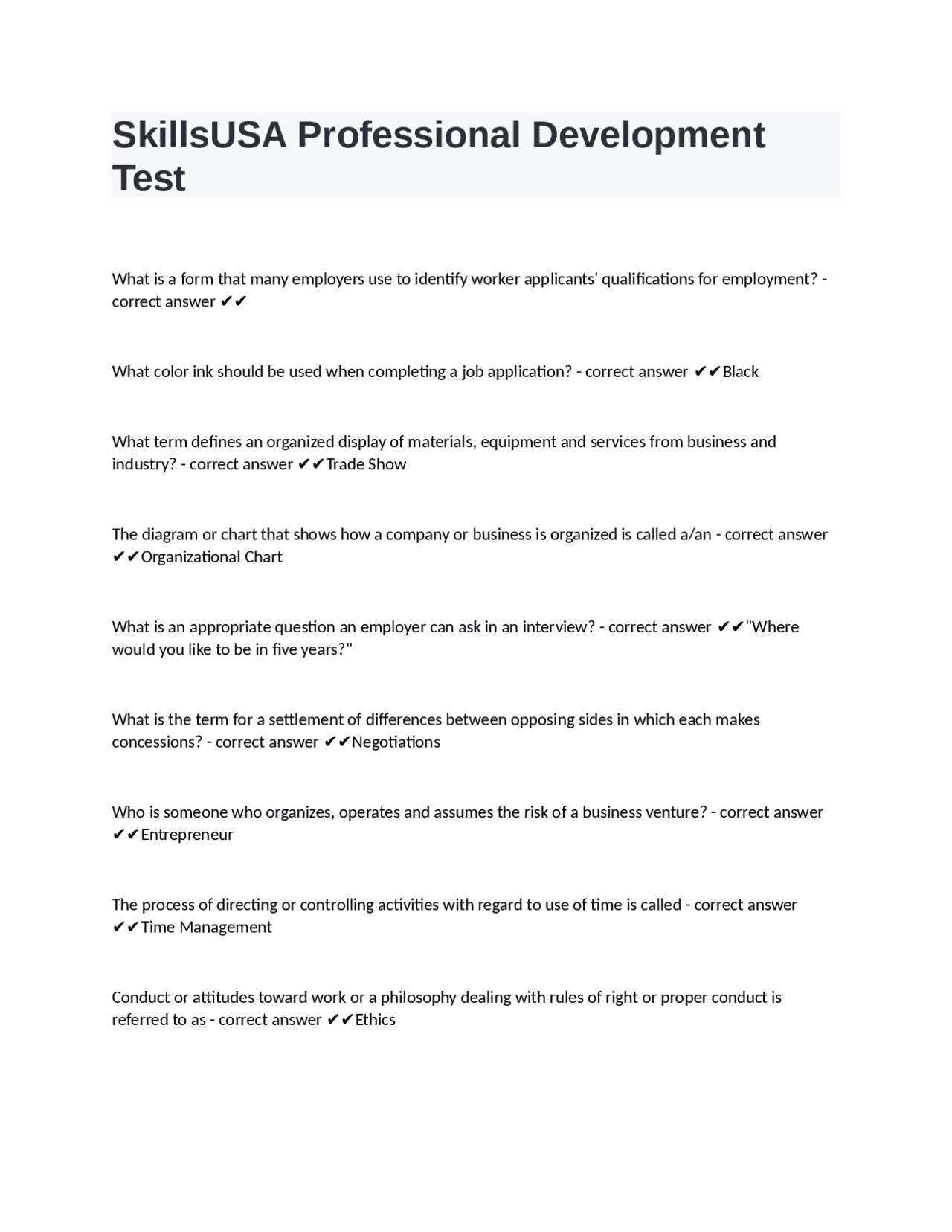 SkillsUSA Professional Development Test | Exams Nursing | Docsity