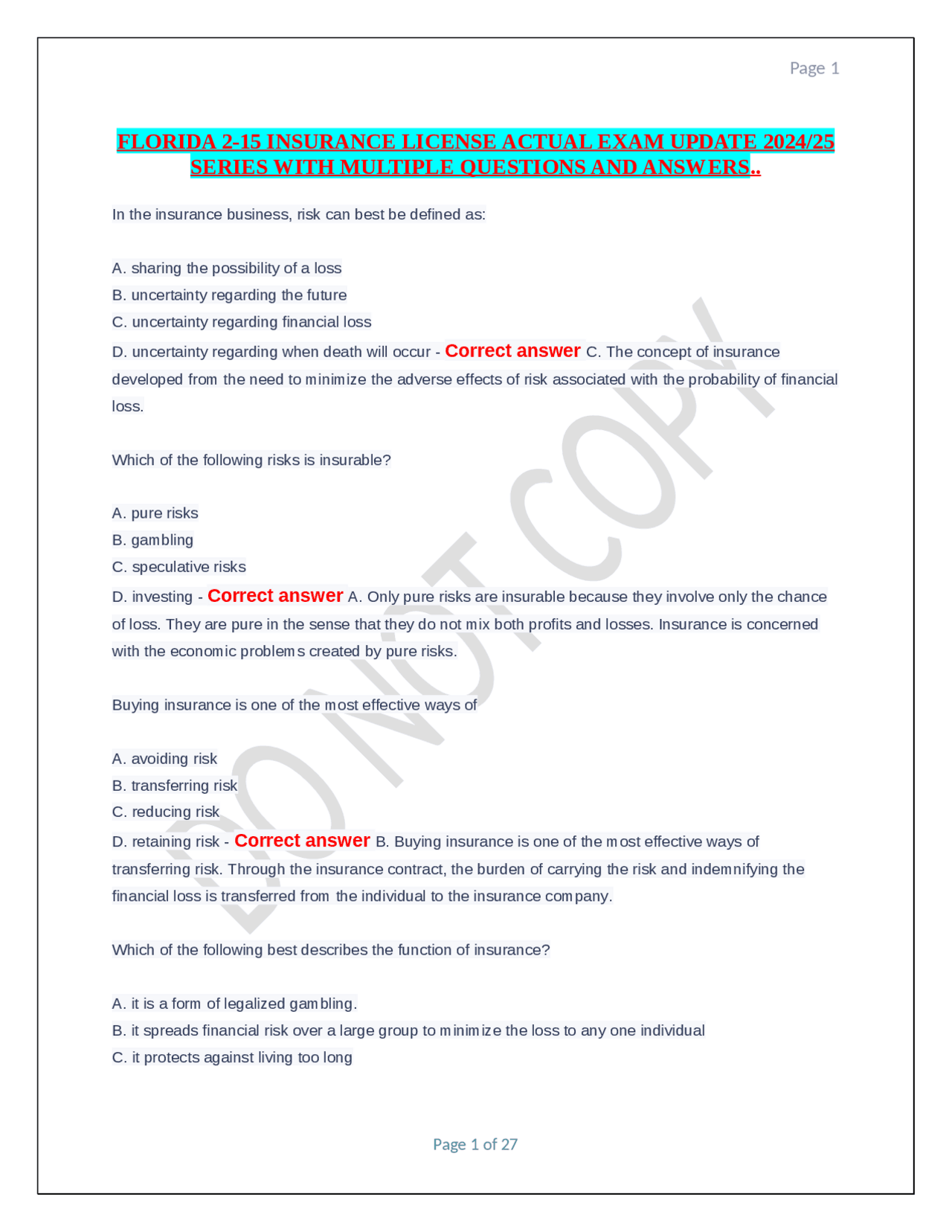 FLORIDA 2-15 INSURANCE LICENSE ACTUAL EXAM UPDATE 2024/25 SERIES WITH ...