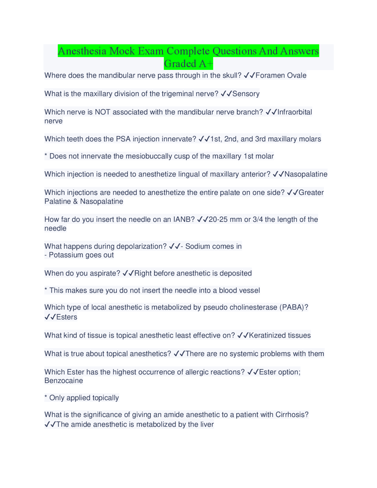 Anesthesia Mock Exam Complete Questions And Answers Graded A+ | Exams ...