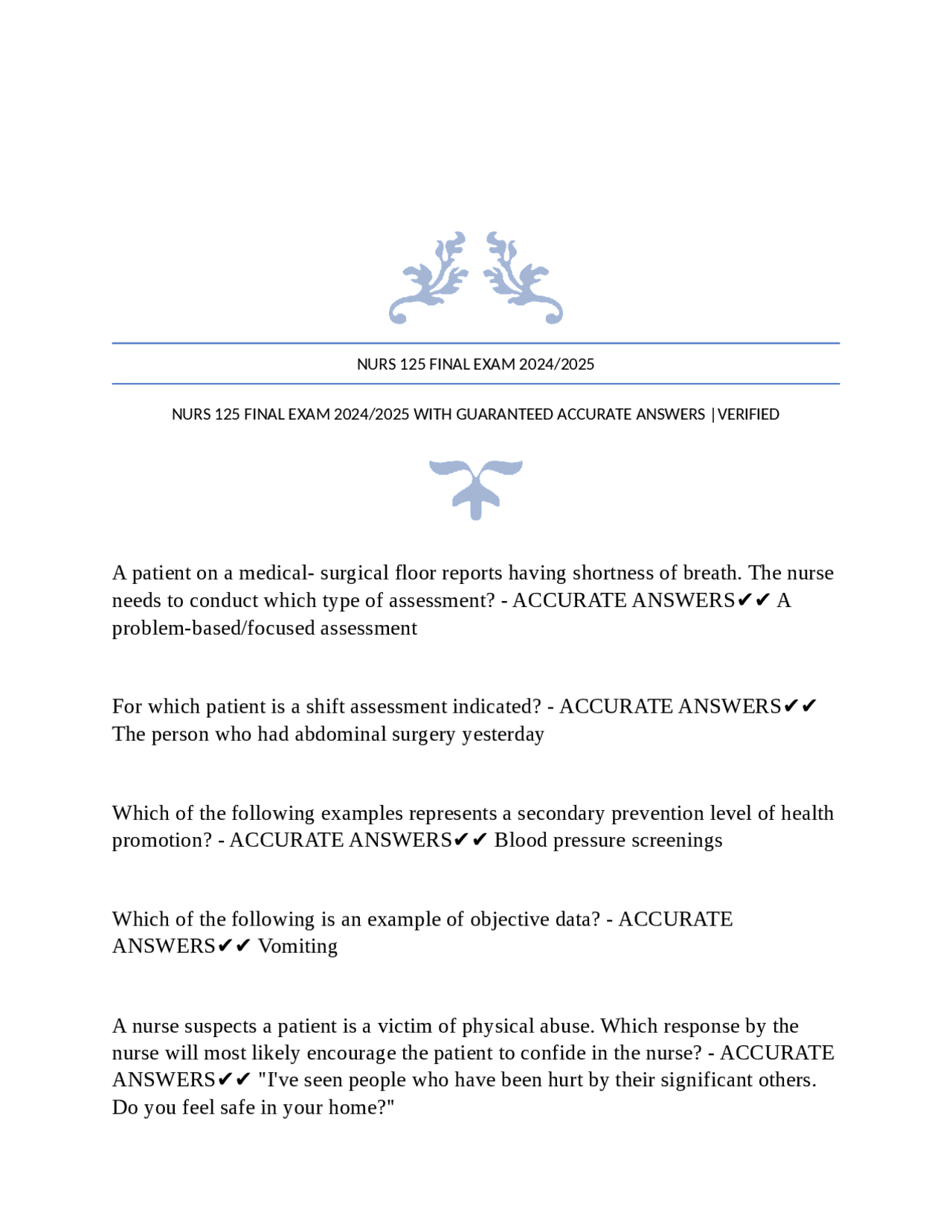 NURS 125 FINAL EXAM 2024/2025 WITH GUARANTEED ACCURATE ANSWERS ...