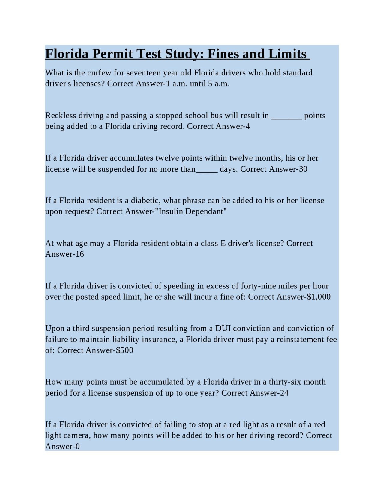 Florida Permit Test Study: Fines and Limits | Exams Law | Docsity