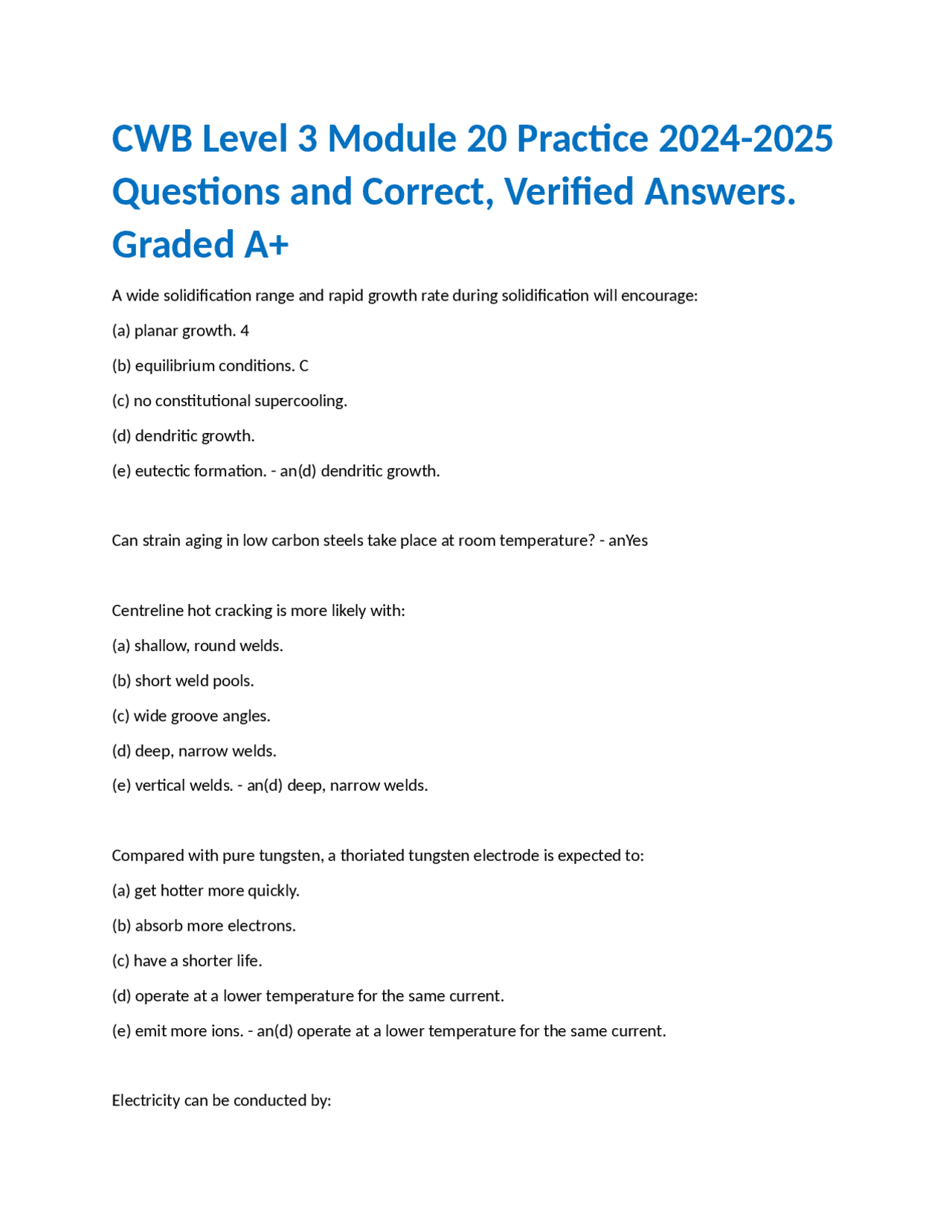 CWB Level 3 Module 20 Practice 2024-2025 Questions and Correct ...