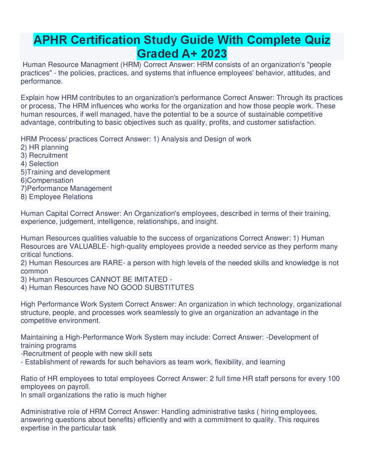 APHR Certification Study Guide With Complete Quiz Graded A+ | Exams ...