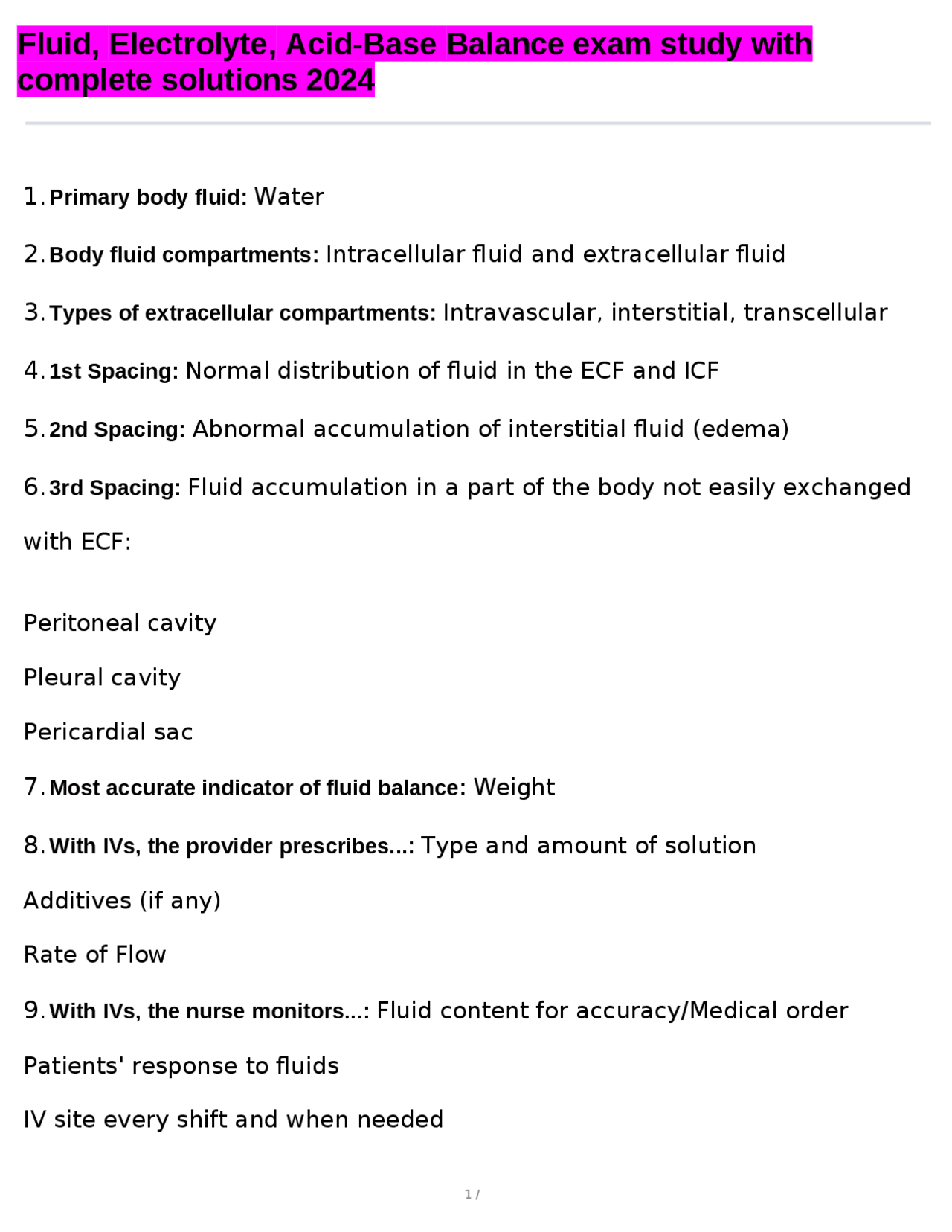 Fluid, Electrolyte, Acid-Base Balance exam study with complete ...