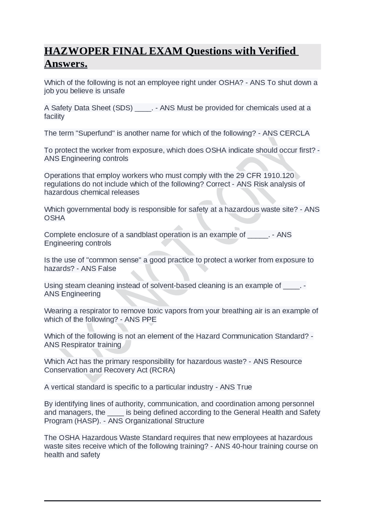 HAZWOPER FINAL EXAM Questions with Verified Answers. | Exams Health sciences | Docsity