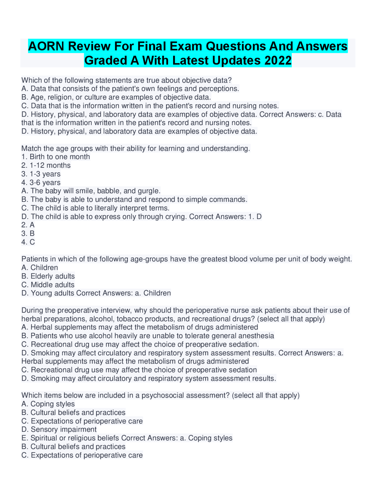 AORN Review For Final Exam Questions And Answers Graded A With Latest ...