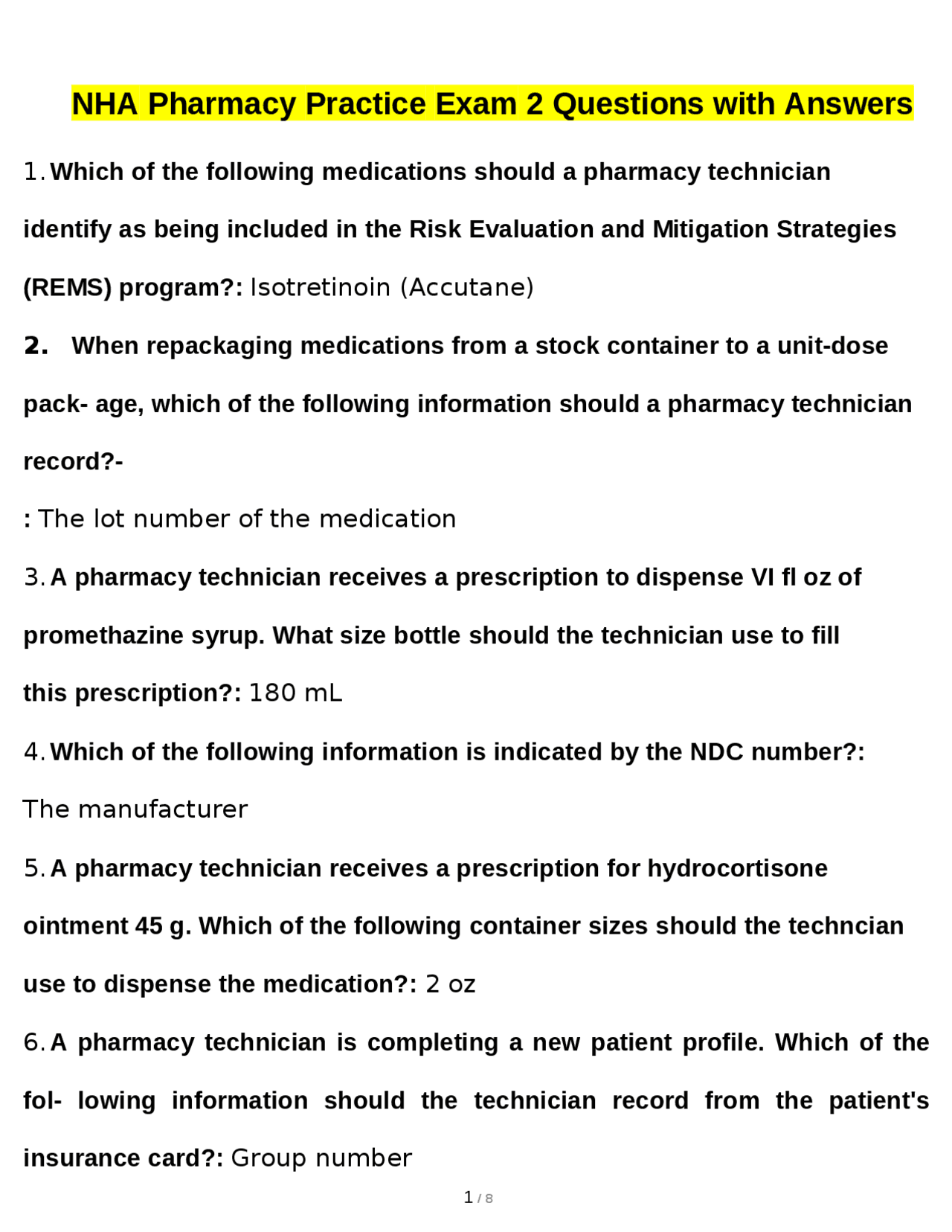 NHA Pharmacy Practice Exam 2 Questions with Answers | Exams Nursing ...