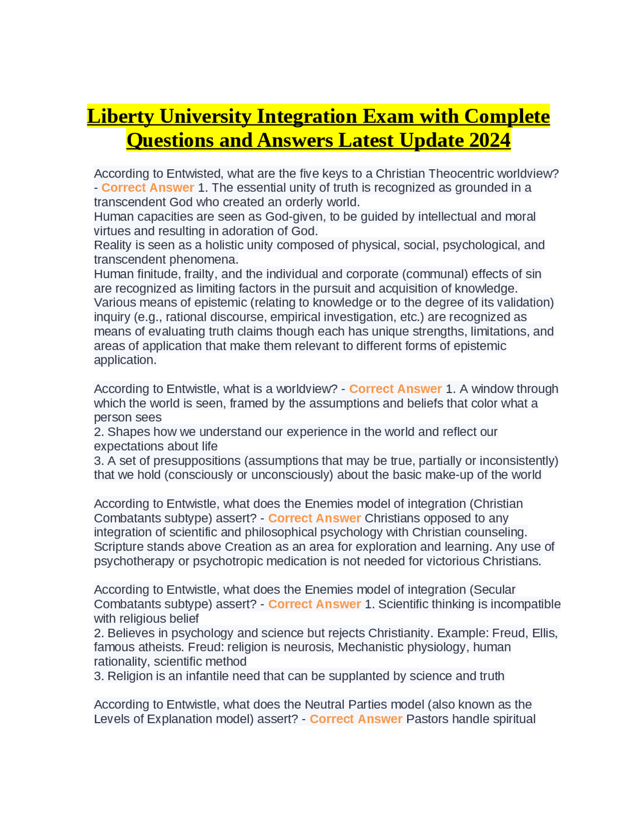 Liberty University Integration Exam with Complete Questions and Answers ...