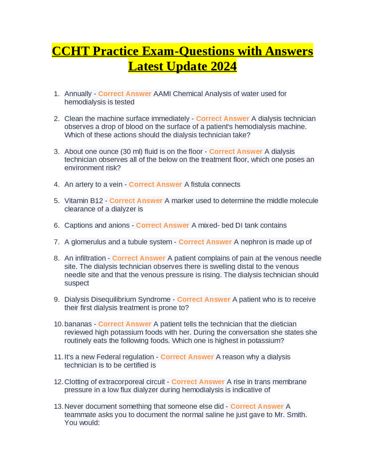 CCHT Practice Exam-Questions with Answers Latest Update 2024 | Exams ...