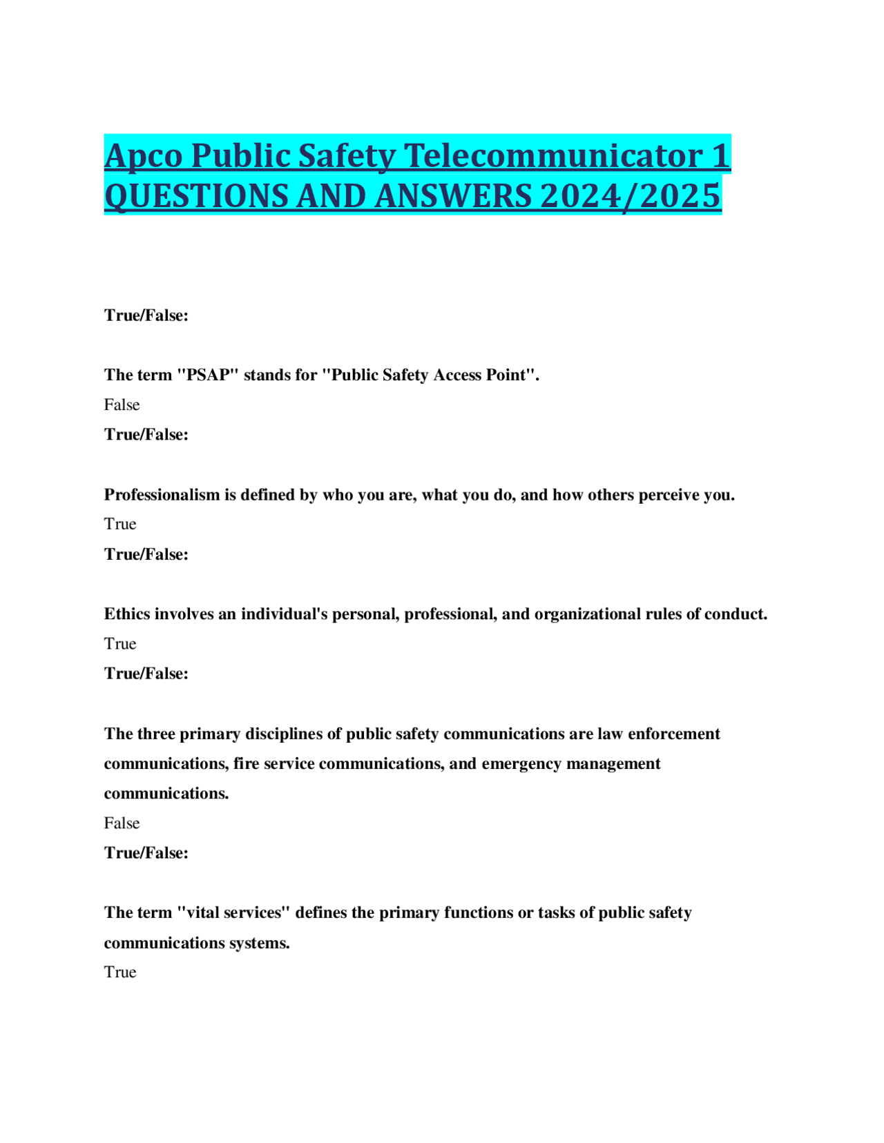 Apco Public Safety Telecommunicator 1 QUESTIONS AND ANSWERS 2024/2025 ...