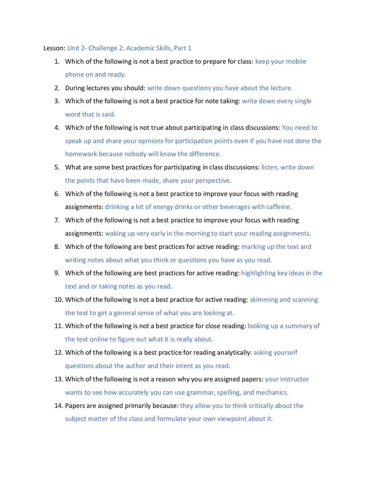 Foundations of English Composition Unit 2- Challenge 2 Academic Skills, Part 1. | Exams English ...