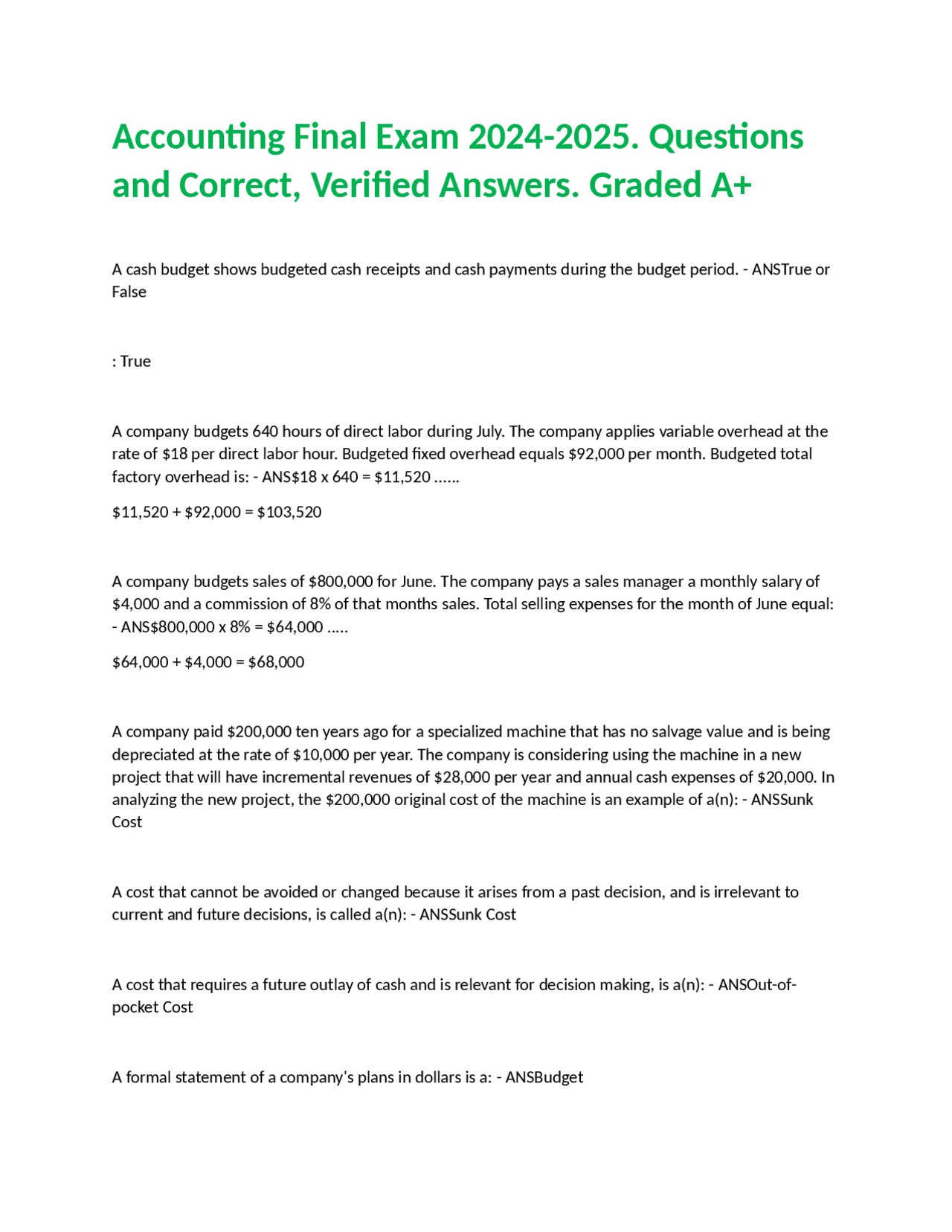 Accounting Final Exam 2024-2025. Questions and Correct, Verified ...