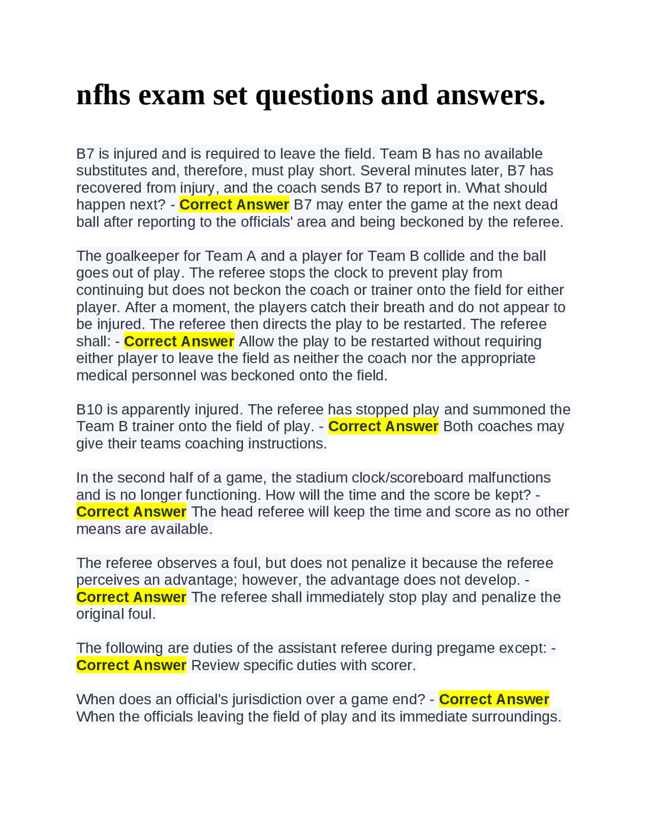 nfhs exam set questions and answers. | Exams Sport Studies | Docsity