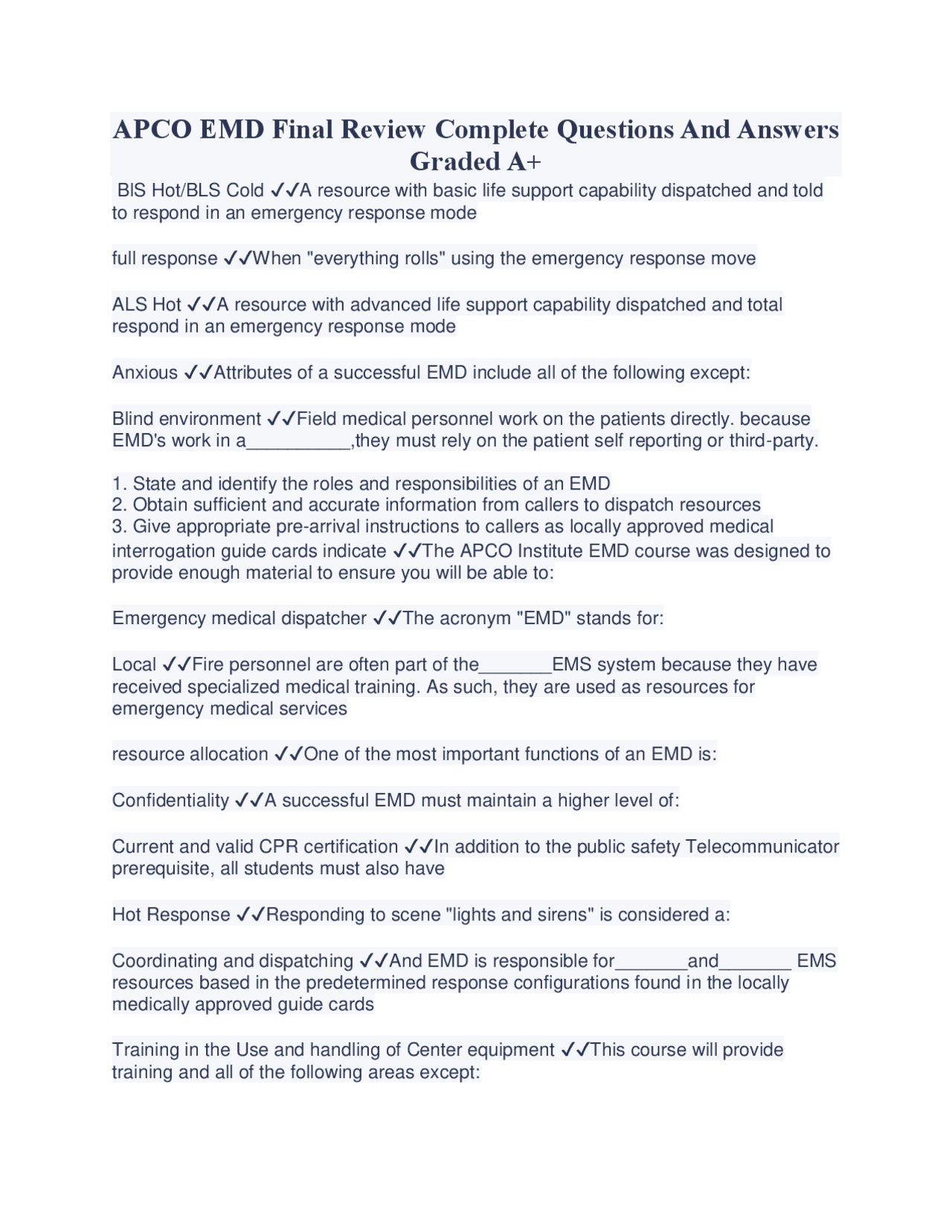 APCO EMD Final Review Complete Questions And Answers Graded A+ | Exams ...