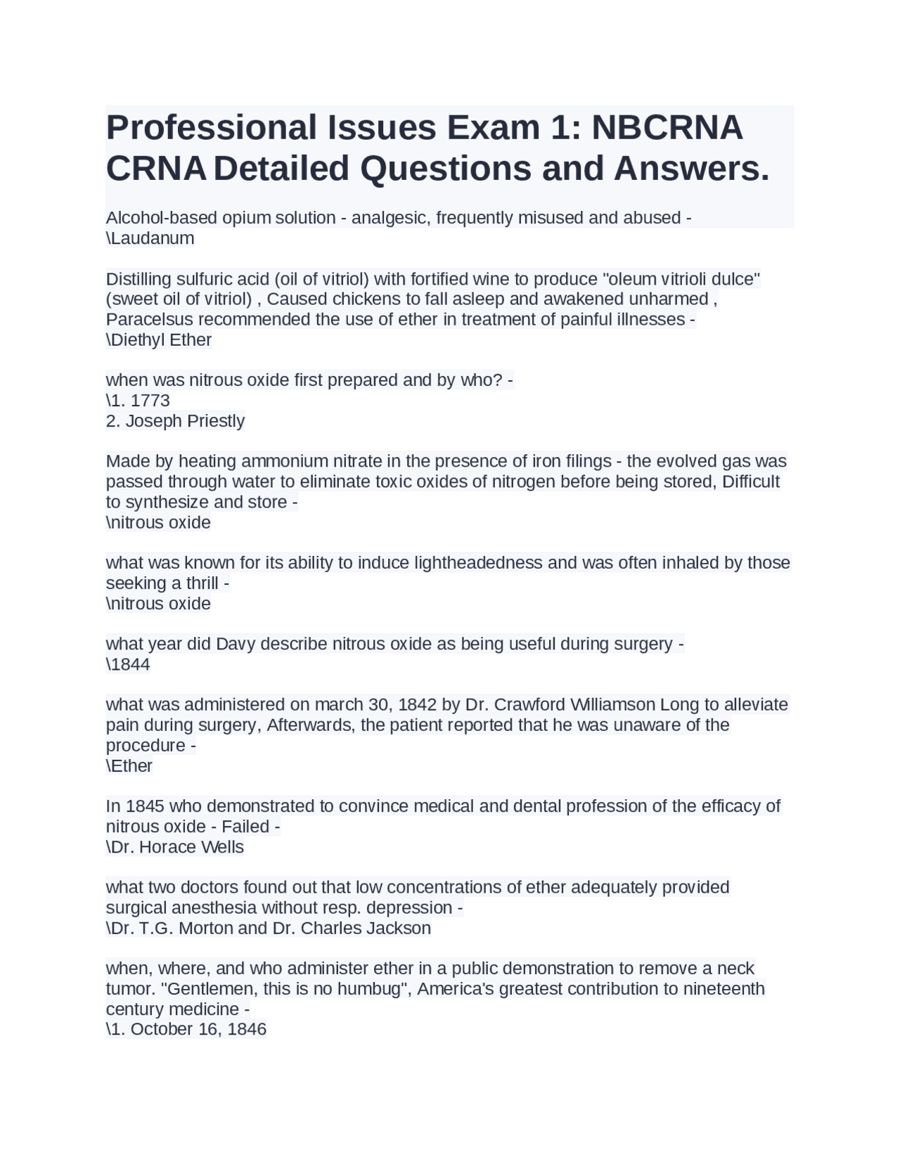 Professional Issues Exam 1: NBCRNA CRNA Detailed Questions and Answers ...