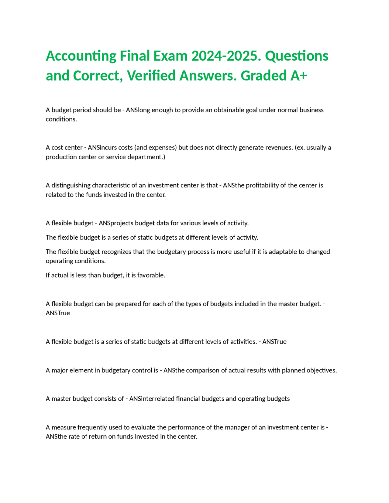 Accounting Final Exam 2024-2025. Questions and Correct, Verified ...