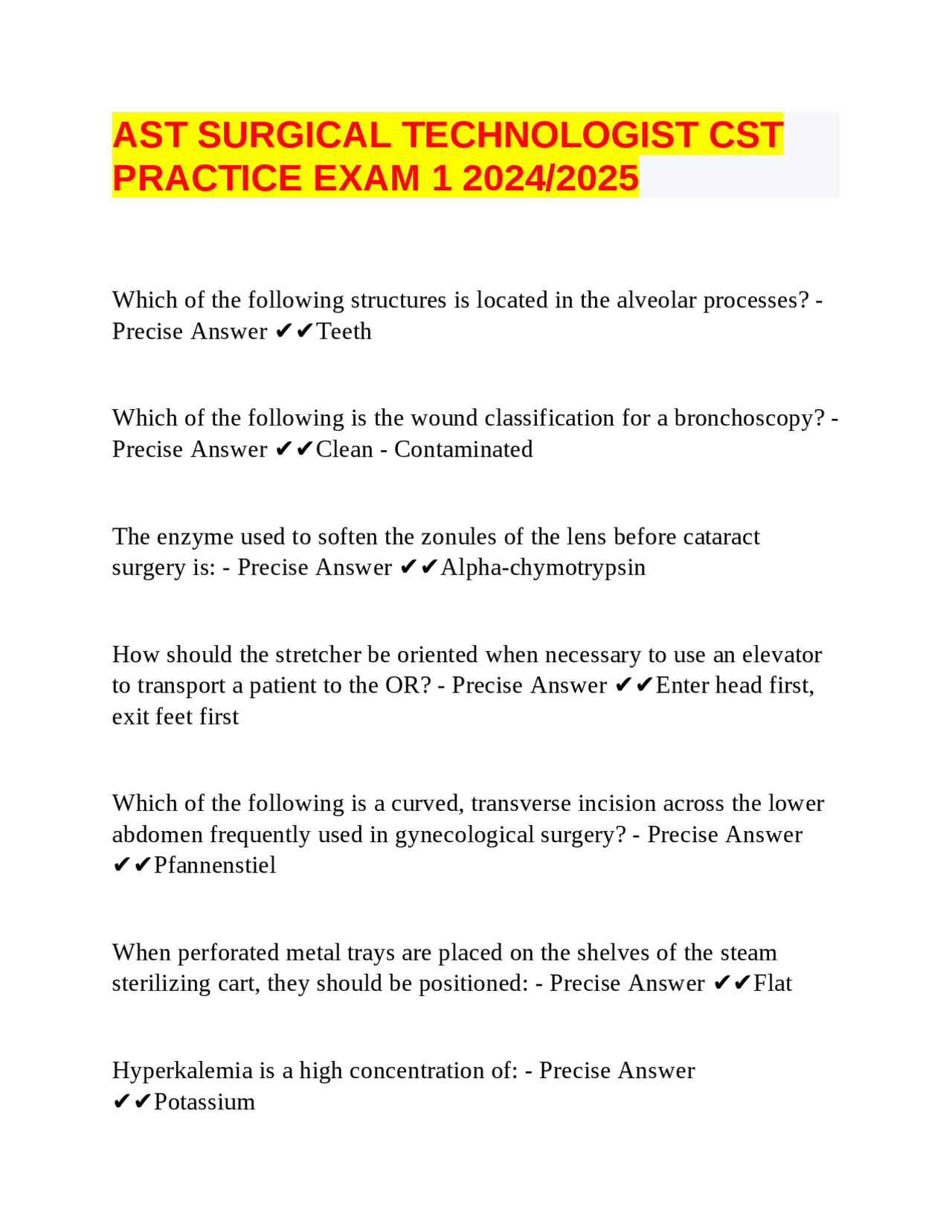 AST SURGICAL TECHNOLOGIST CST PRACTICE EXAM 1 2024/2025 | Exams Nursing ...