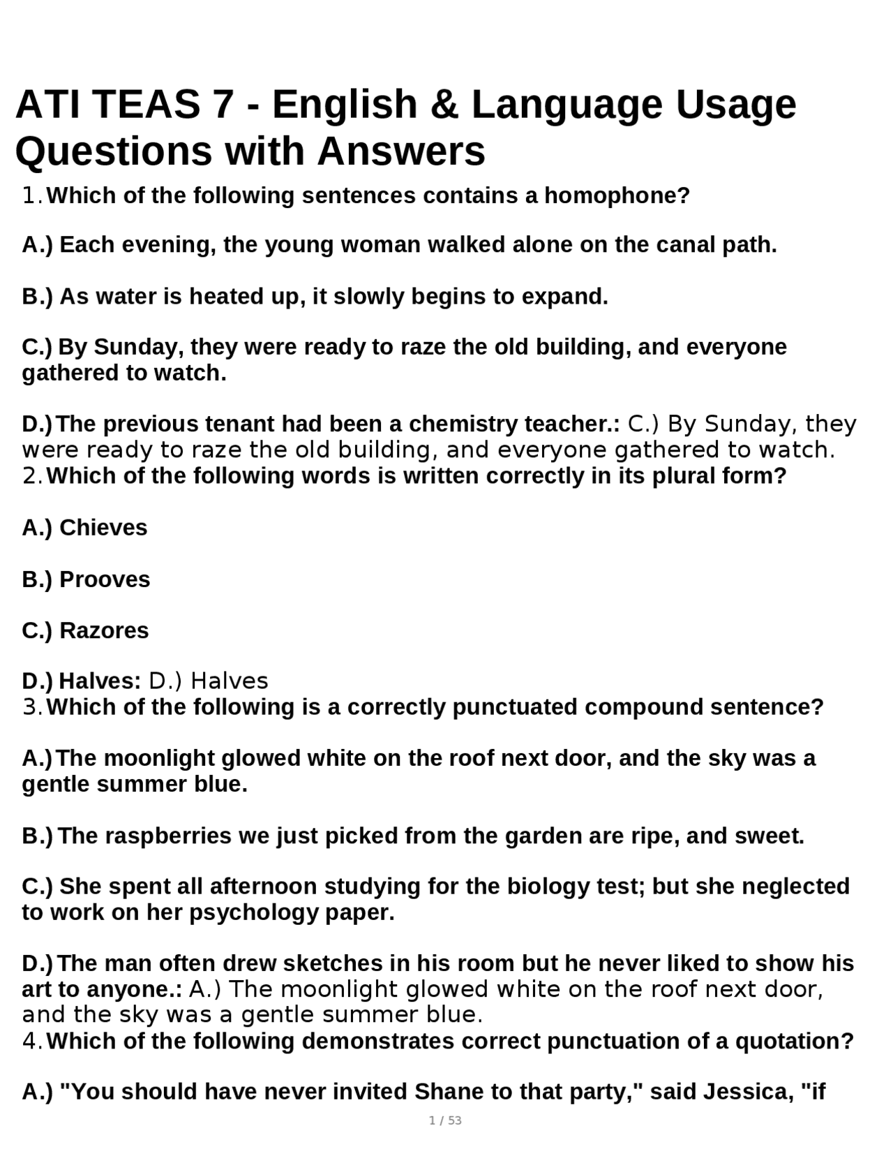 ATI TEAS 7 - English & Language Usage Questions with Answers | Exams English Language | Docsity