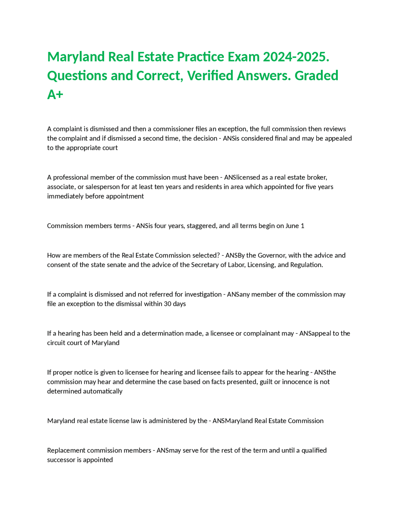 Maryland Real Estate Practice Exam 2024-2025. Questions and Correct ...