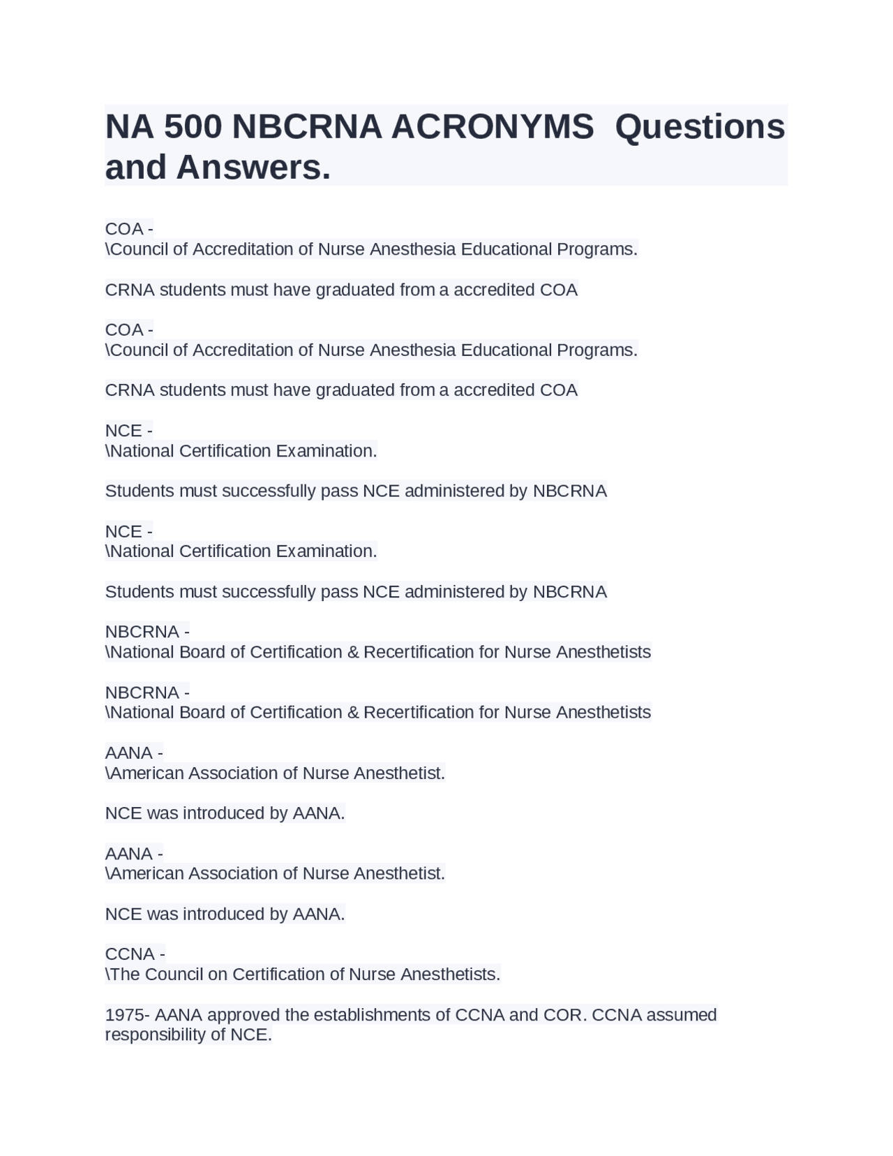 NA 500 NBCRNA Acronyms and Answers | Exams Nursing | Docsity