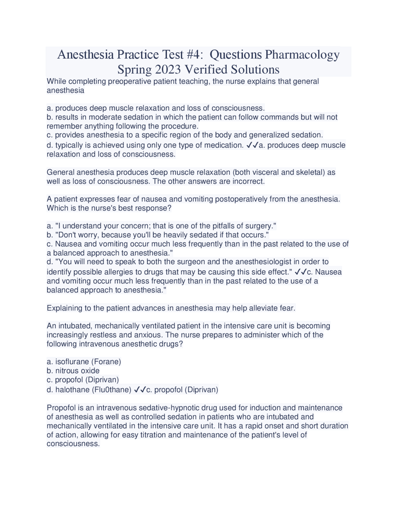 Anesthesia Practice Test #4: Questions Pharmacology Spring 2023 ...