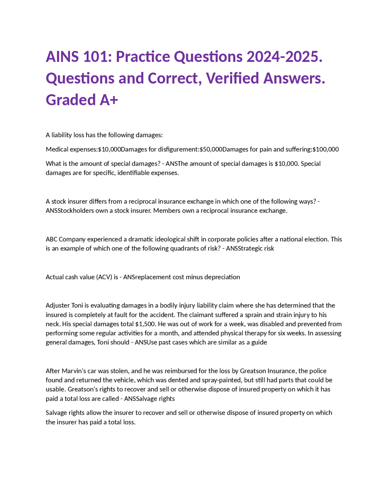 AINS 101: Practice Questions 2024-2025. Questions and Correct, Verified ...