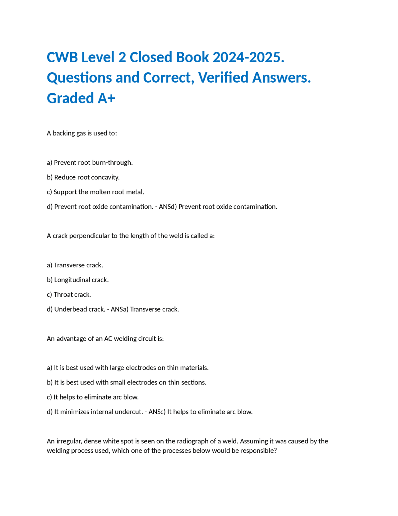 CWB Level 2 Closed Book 2024-2025. Questions and Correct, Verified ...