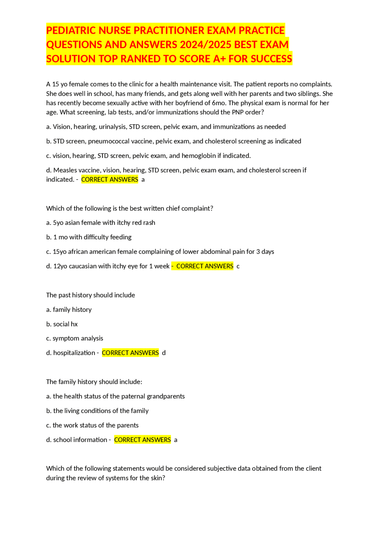 PEDIATRIC NURSE PRACTITIONER EXAM PRACTICE QUESTIONS AND ANSWERS 2024/ ...