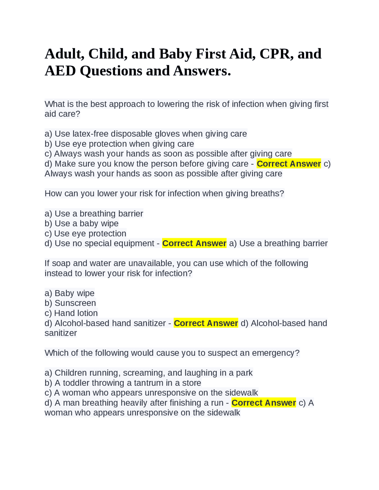 Adult, Child, and Baby First Aid, CPR, and AED Questions and Answers ...
