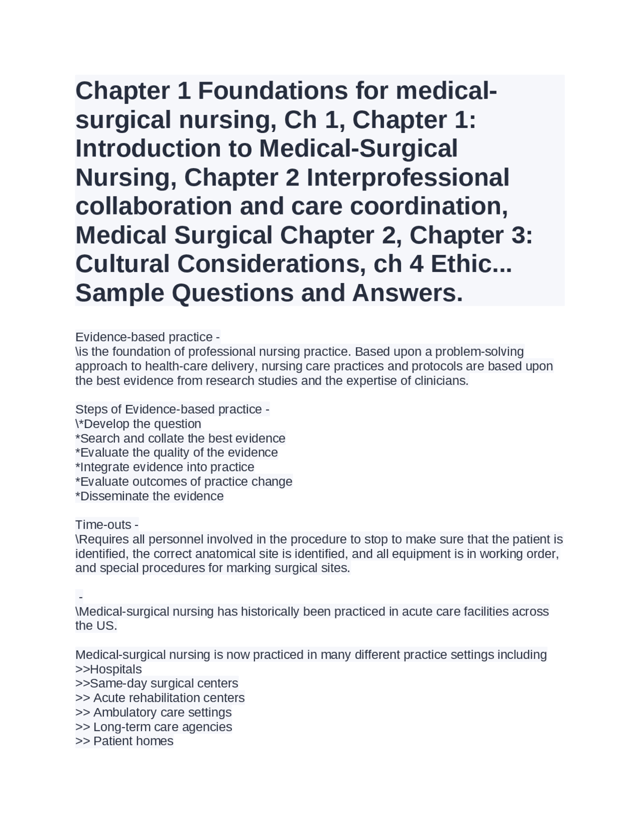 Chapter 1 Foundations for medical-surgical nursing, Ch 1, Chapter 1: Introduction to Medic ...