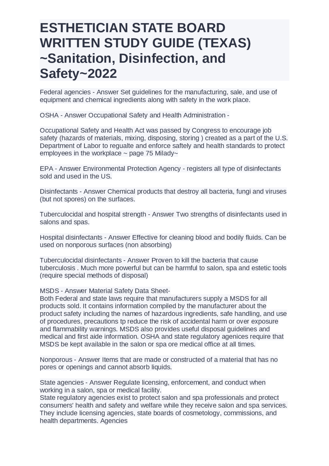 Esthetician State Board Written Study Guide: Sanitation, Disinfection ...