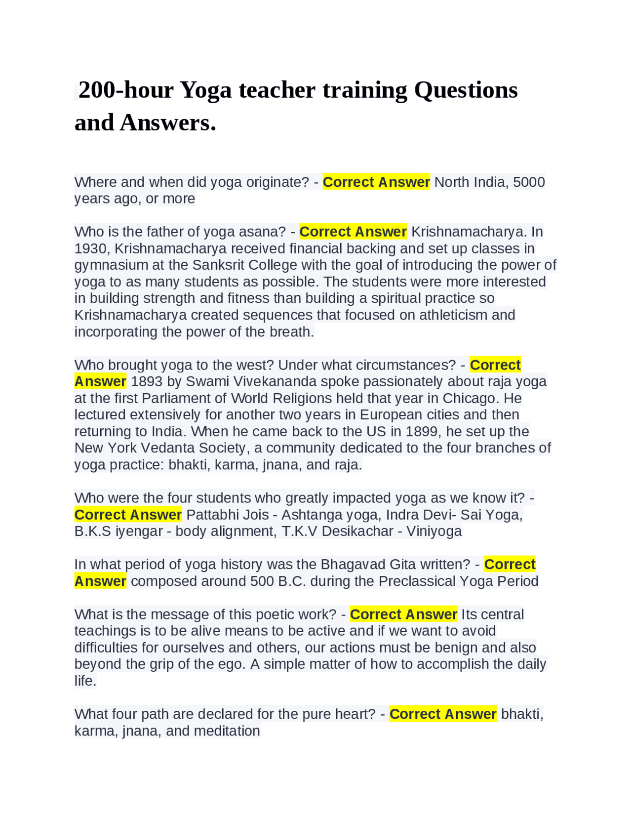 200-hour Yoga teacher training Questions and Answers. | Exams Yoga ...