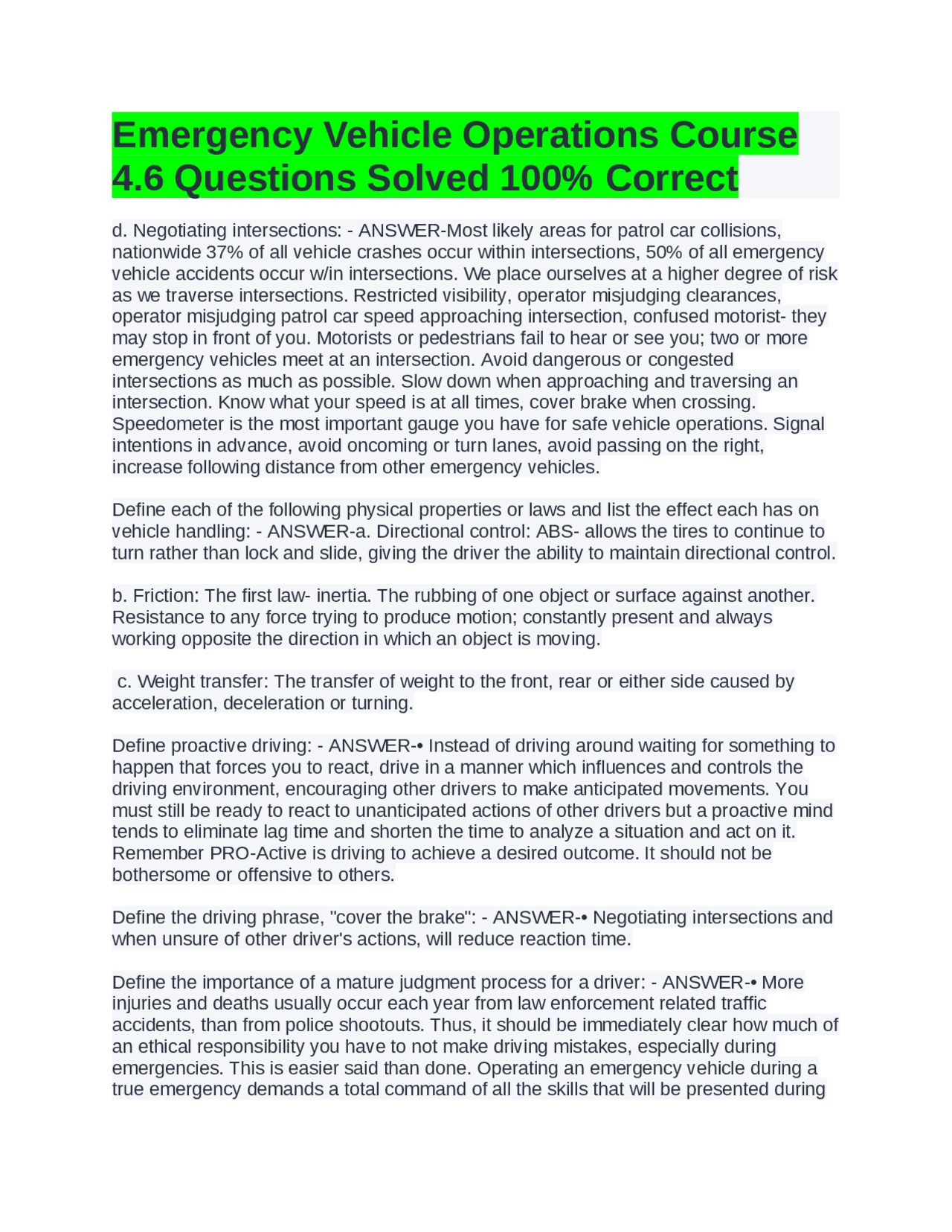 Emergency Vehicle Operations Course 4.6 Questions | Exams Advanced ...